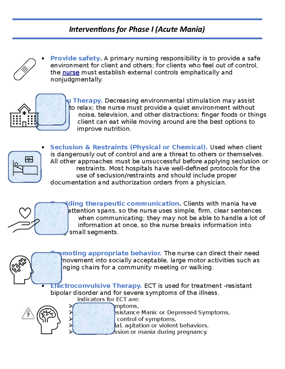Interventions handout - Provide safety. A primary nursing ...