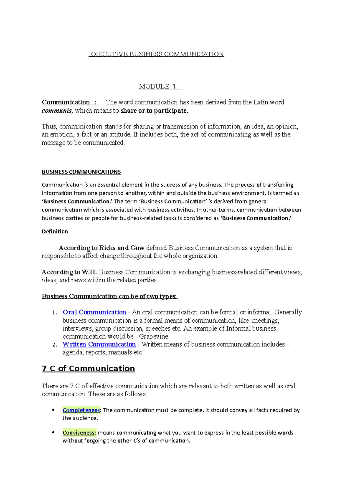 EBC 1module - notes for examination purpose - EXECUTIVE BUSINESS ...