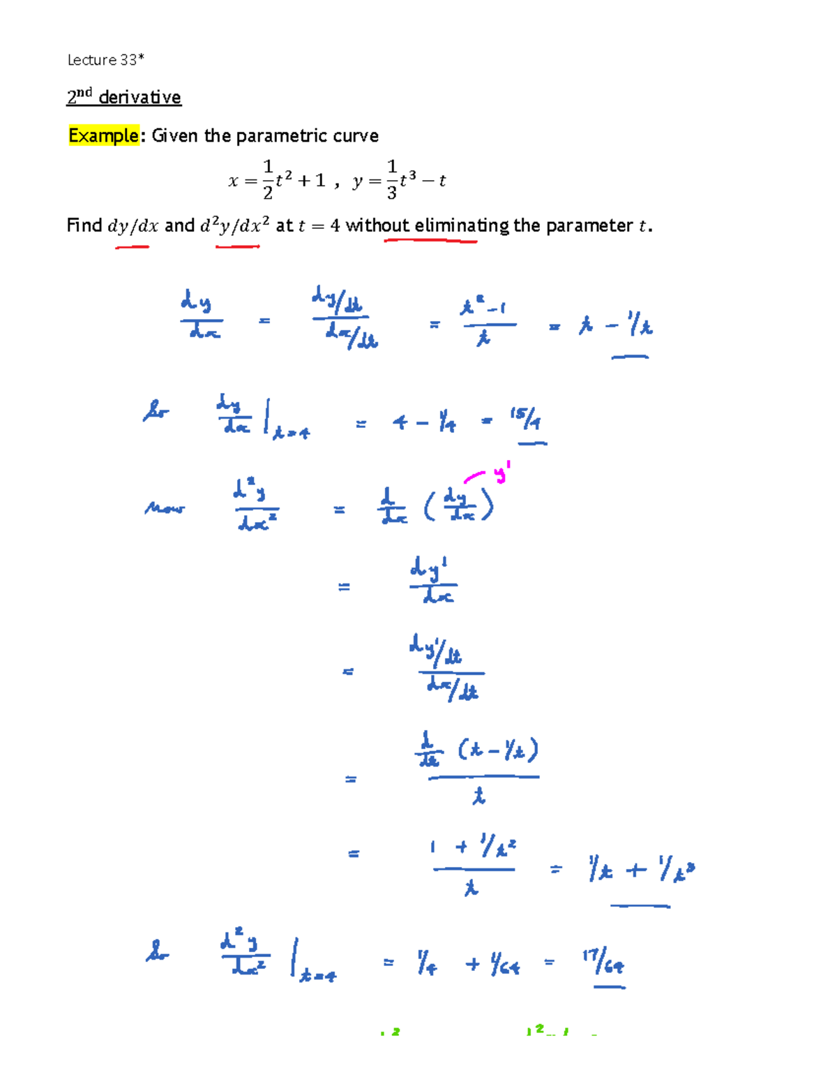 L33 Lecture Notes 2 Nd Derivative Example Given The Parametric Curve 1 2 ⎯⎯ 1 1 3