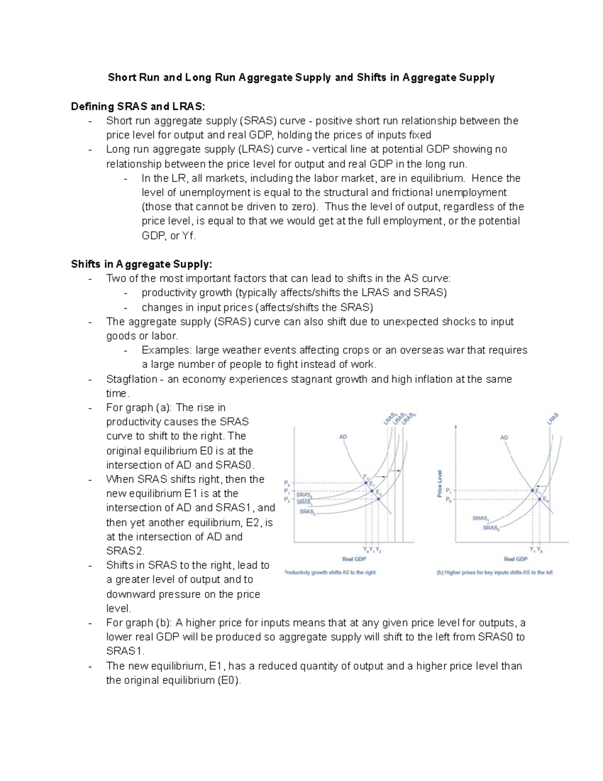 Short Run and Long Run Aggregate Supply and Shifts in Aggregate Supply ...