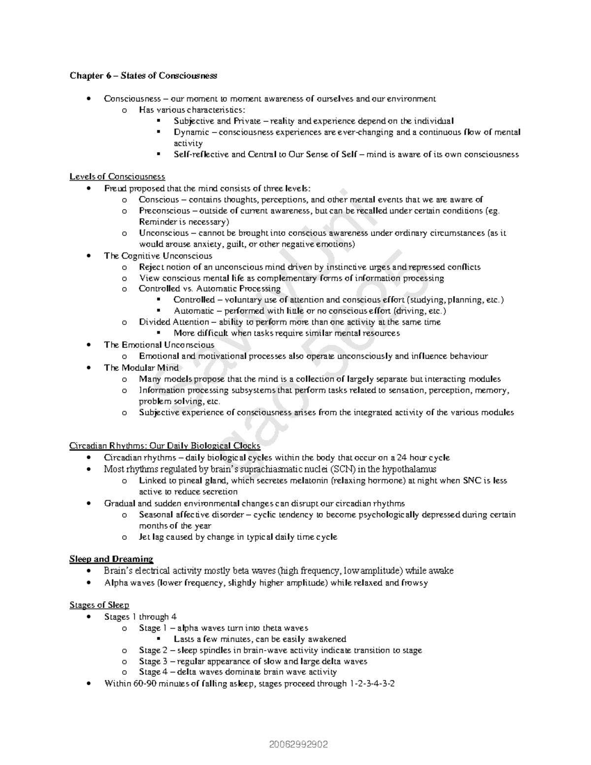Chapter 6 textbook notes - Chapter 6 – States of Consciousness ...
