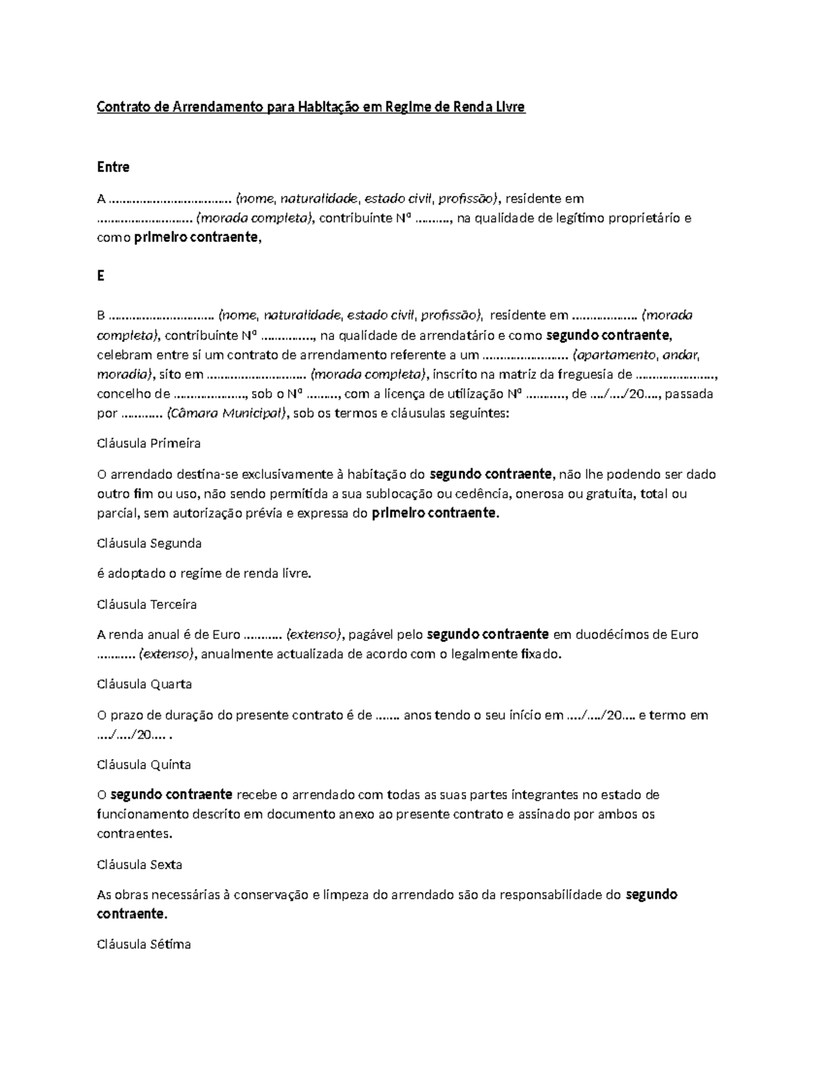 Contrato de Arrendamento para Habitação em Regime de Renda Livre ...