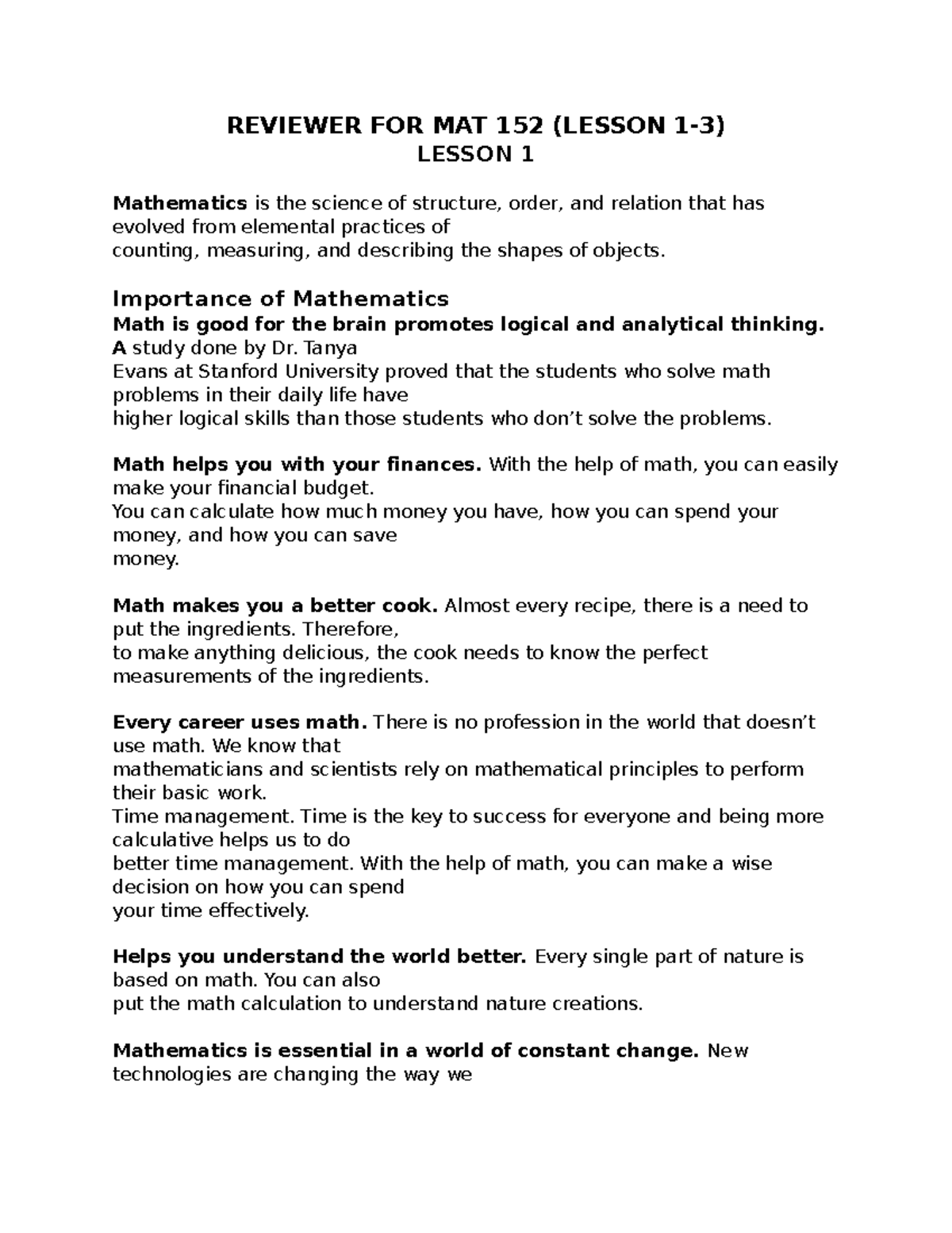 Reviewer FOR MAT 152 Lesson 1 3 - REVIEWER FOR MAT 152 (LESSON 1-3 ...