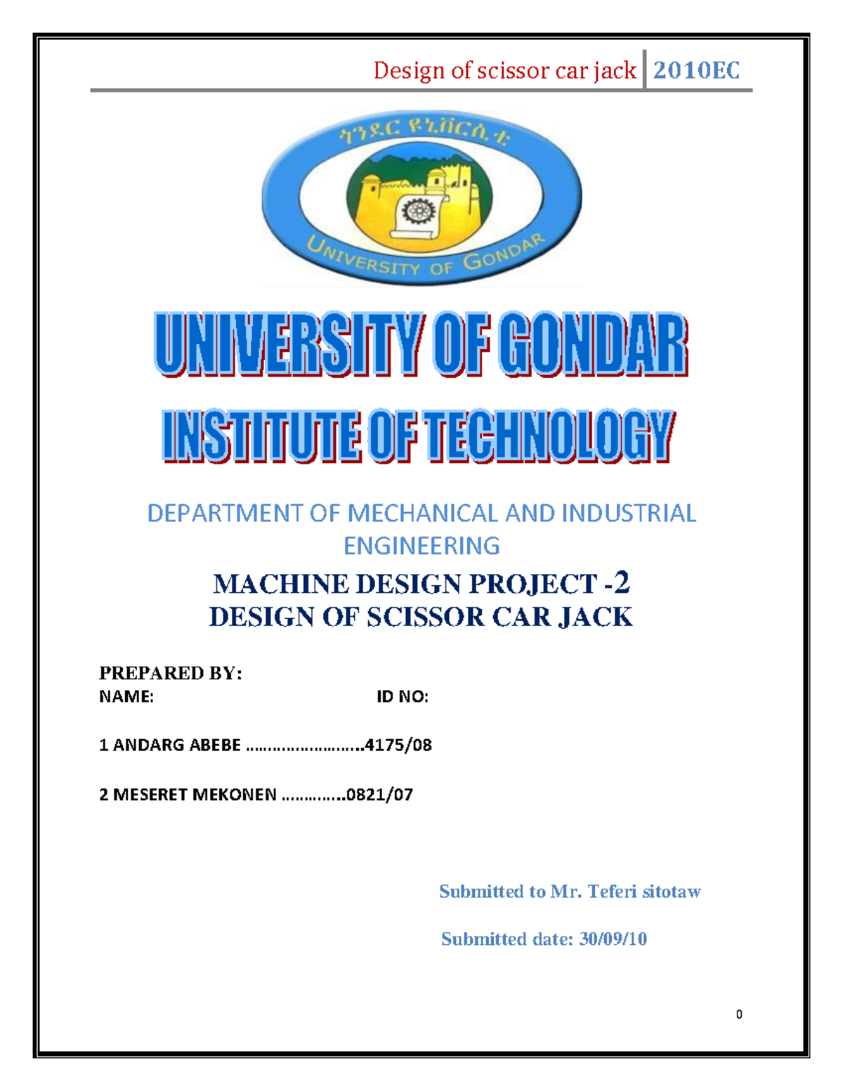 Andarg AND Meseretscissor CAR JACK design - DEPARTMENT OF MECHANICAL ...
