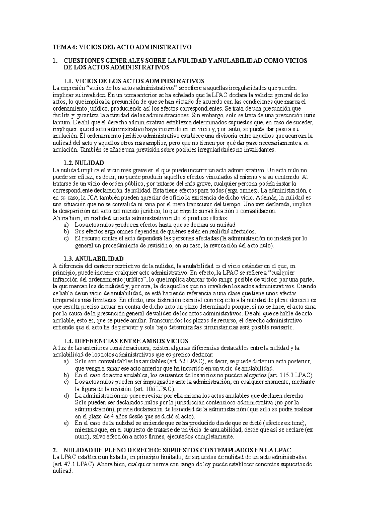 Lección 4 - Admin I Tema 4 (EHU) - TEMA 4: VICIOS DEL ACTO ADMINISTRATIVO 1. CUESTIONES ...