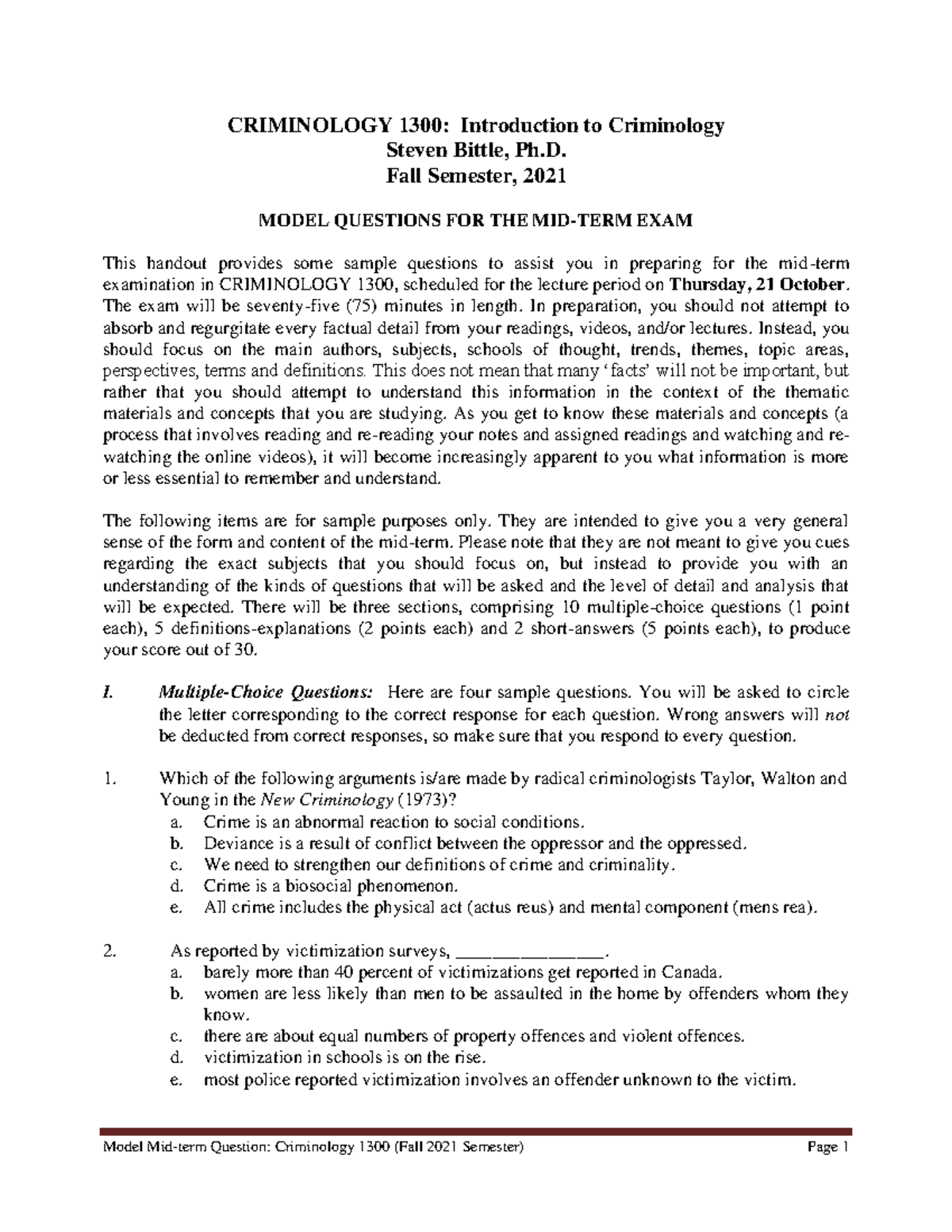 Model Questions Fall 2021 Semester - CRIMINOLOGY 1300: Introduction to ...