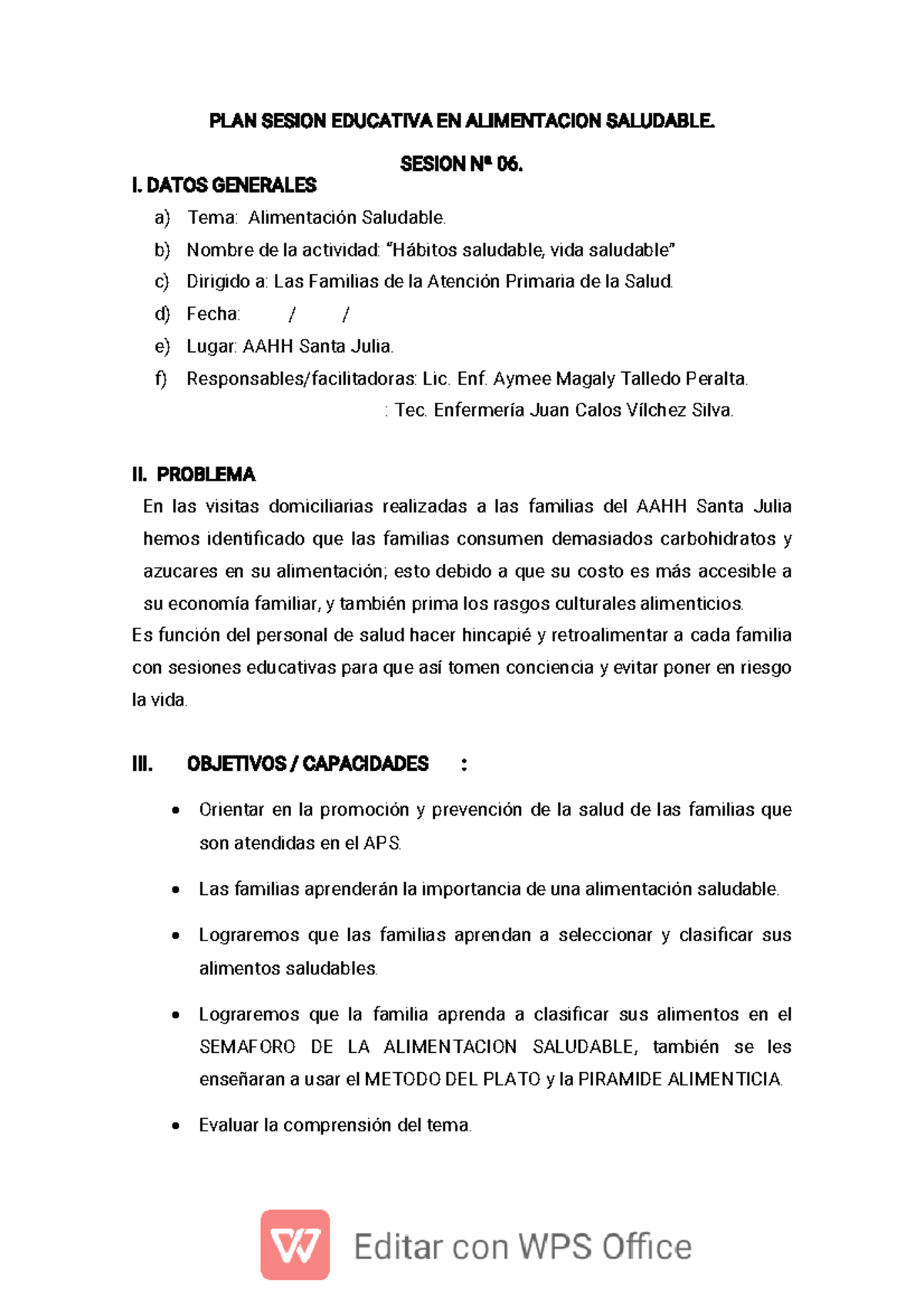 PLAN Sesion Educativa DE Alimentacion Saludable - PLAN SESION EDUCATIVA ...