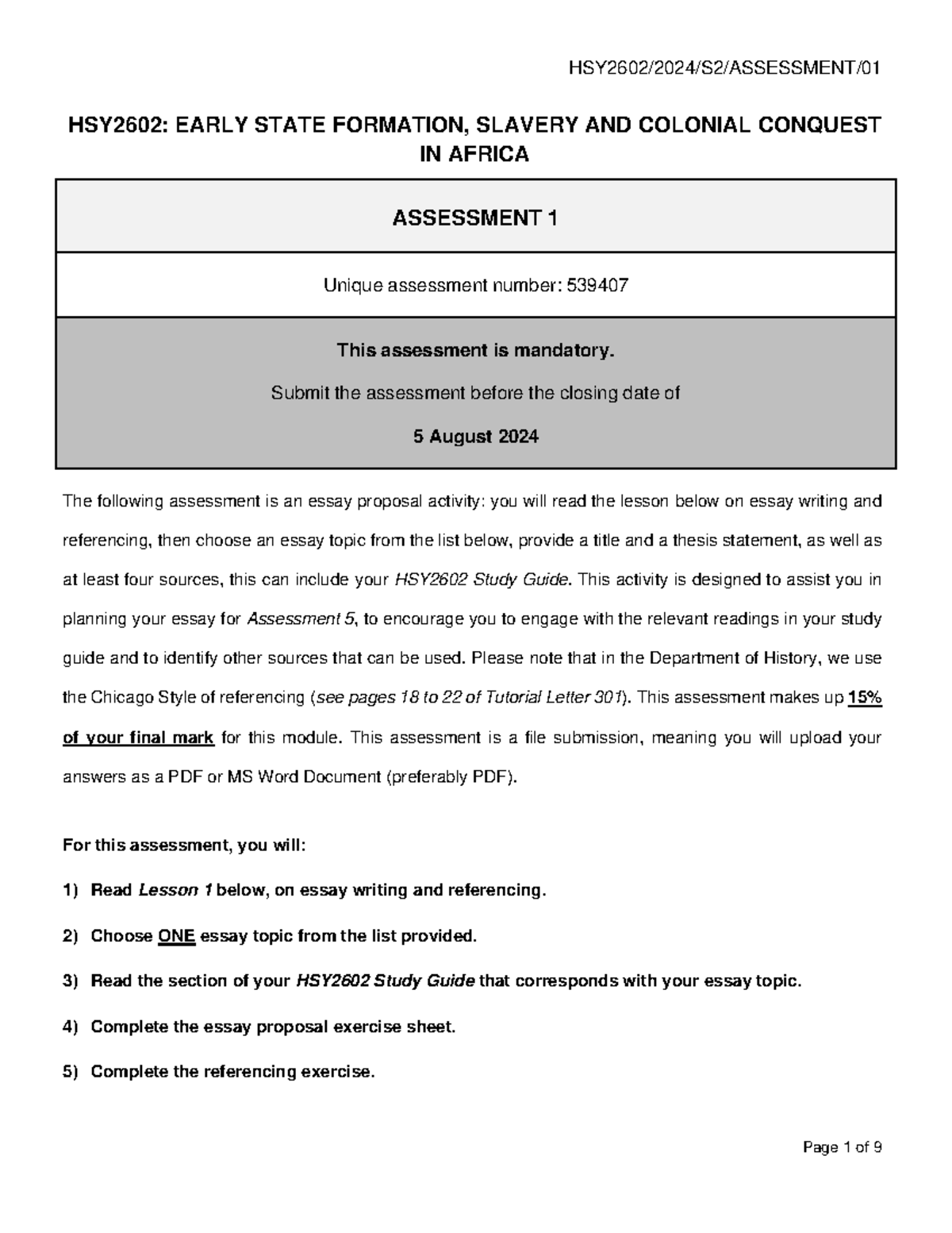 HSY2602 2024 S2 Assessment 1 - Instructions - HSY2602: EARLY STATE ...