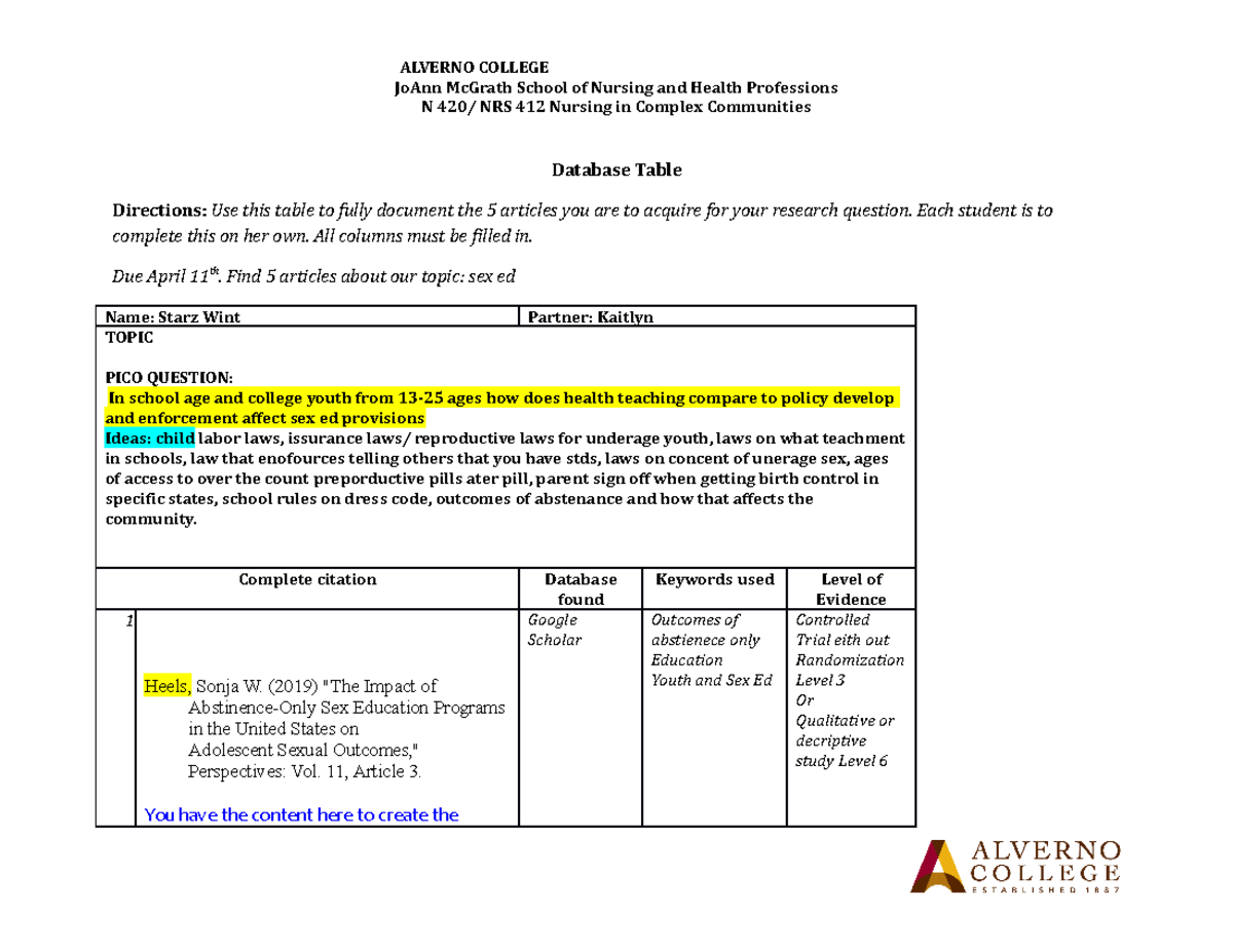 N 420 NRS 412 Database Table Form - JoAnn McGrath School of Nursing and ...