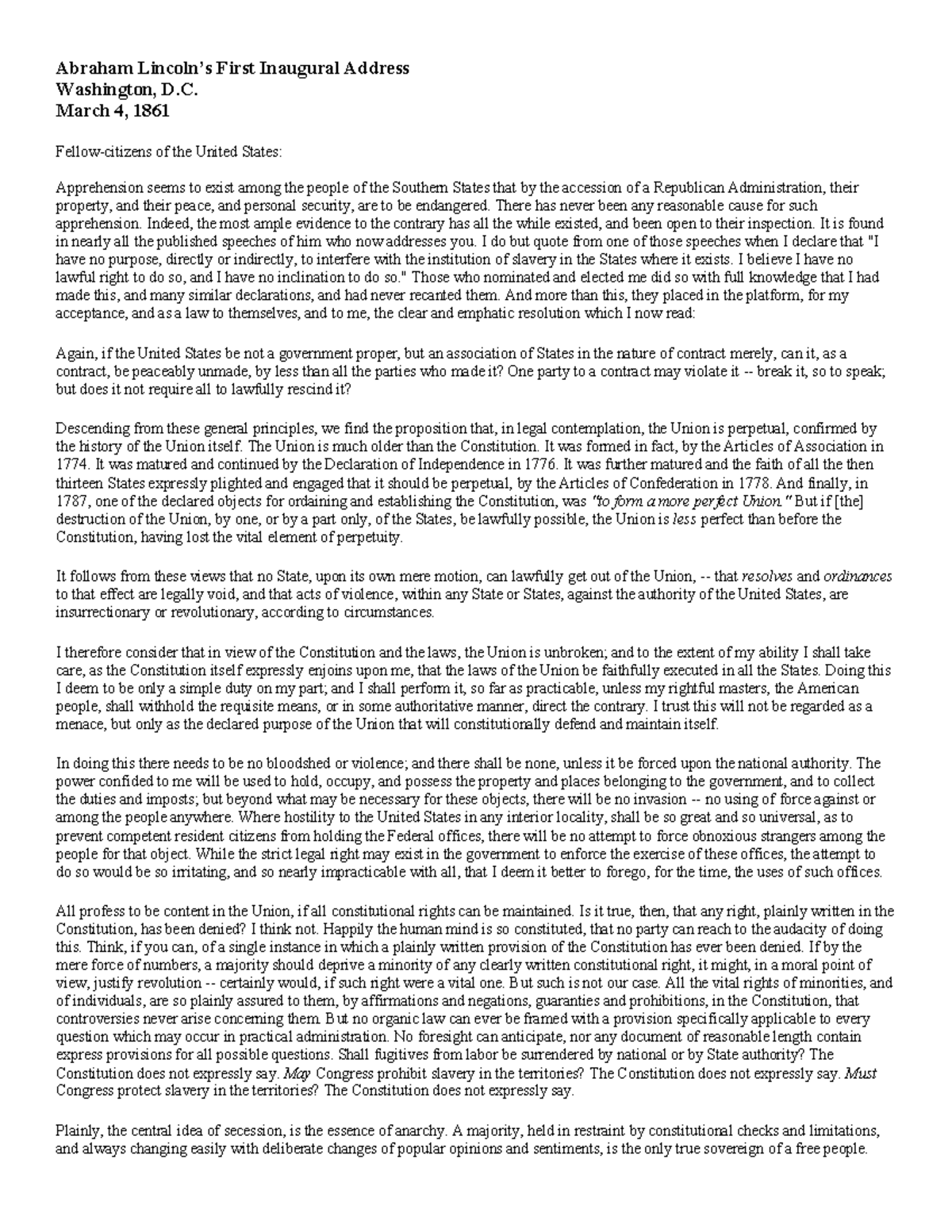 Abraham Lincolns 1st Inaugural Address - Abraham Lincoln’s First ...