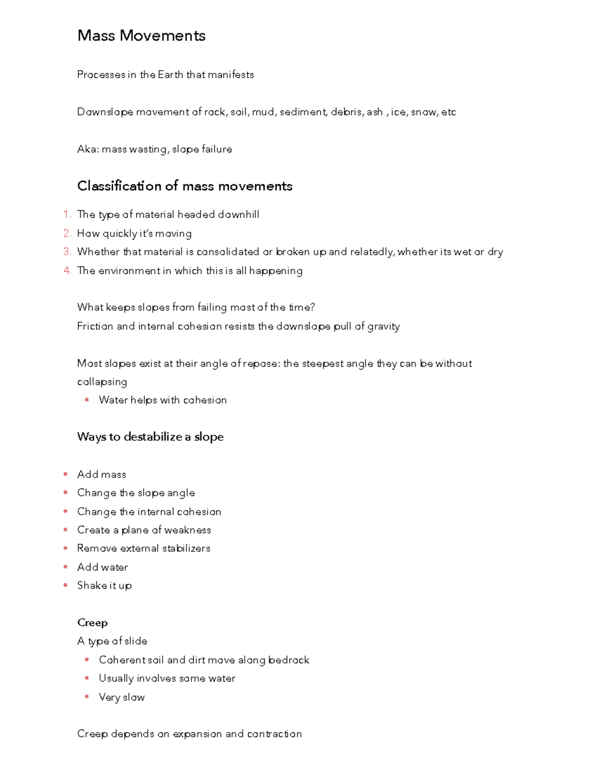 Mass Movements - Lecture notes test 2 - Mass Movements Processes in the ...