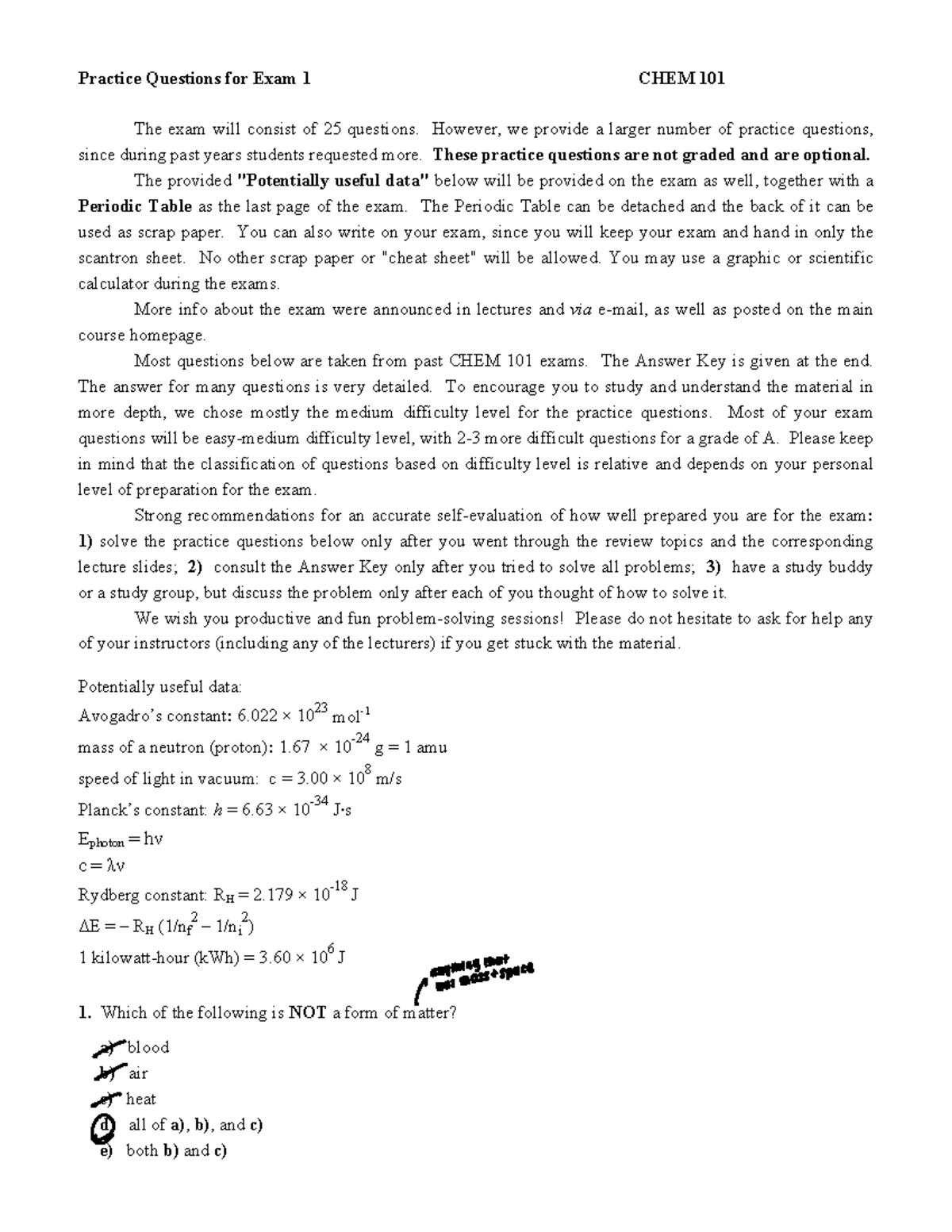 Practice Questions Exam 1 101 F23 - Practice Questions for Exam 1 CHEM 101 The exam will consist ...