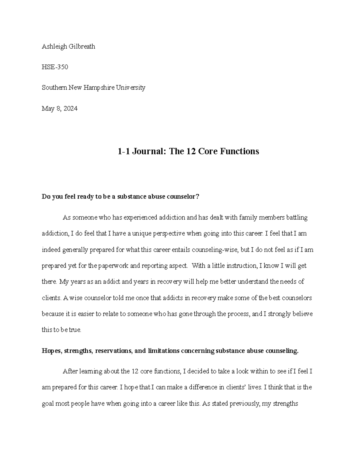 1-1 Journal The 12 Core Functions - Ashleigh Gilbreath HSE- Southern ...