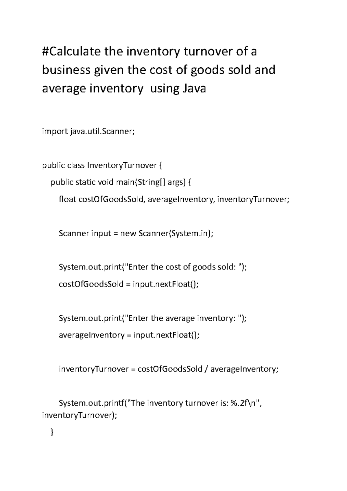Goods sold and average inventory using Java - #Calculate the inventory ...