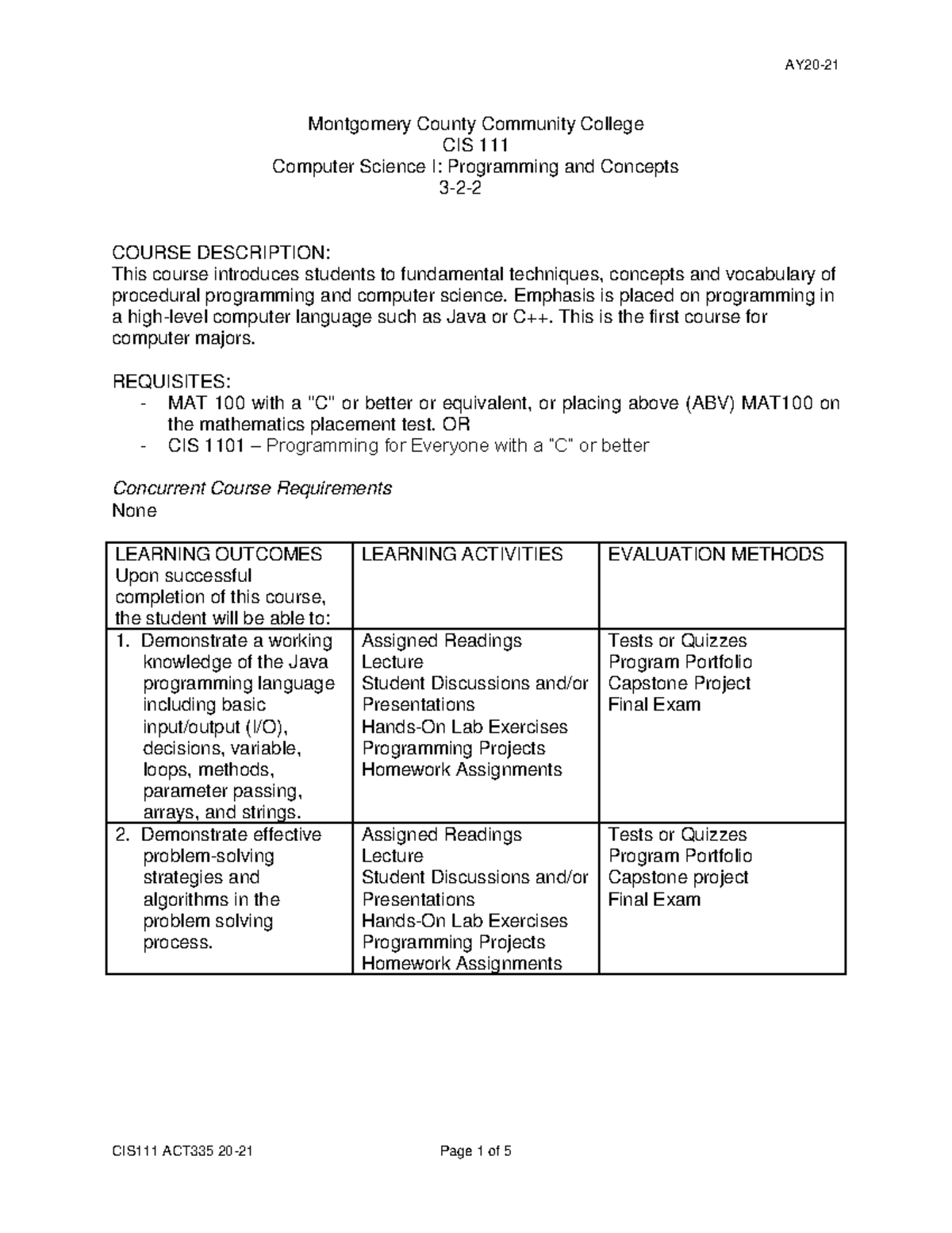 CIS 111 - Montgomery County Community College CIS 111 Computer Science I: Programming and ...