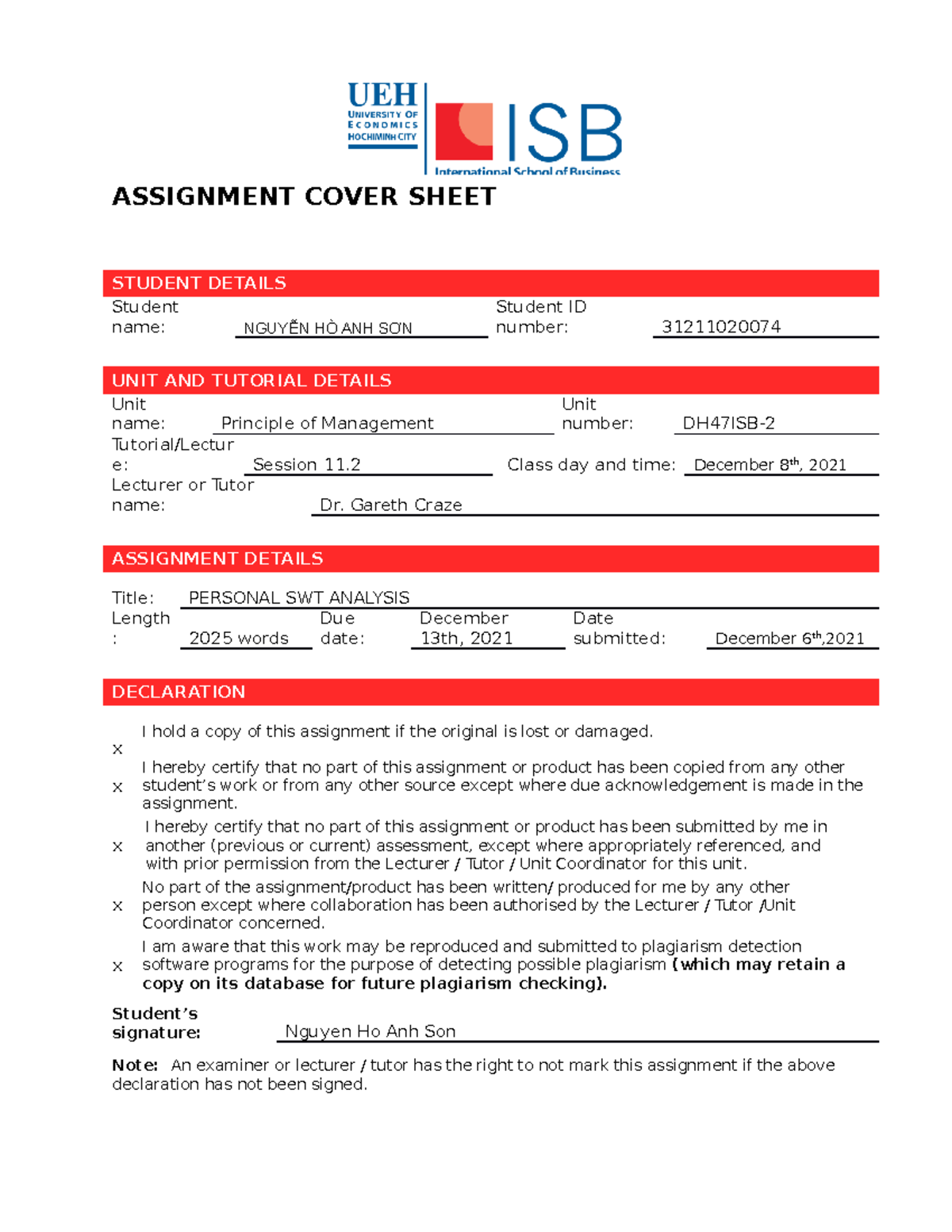 Assignment Cover Sheet - Principle of Management - Đại học kinh tế ...