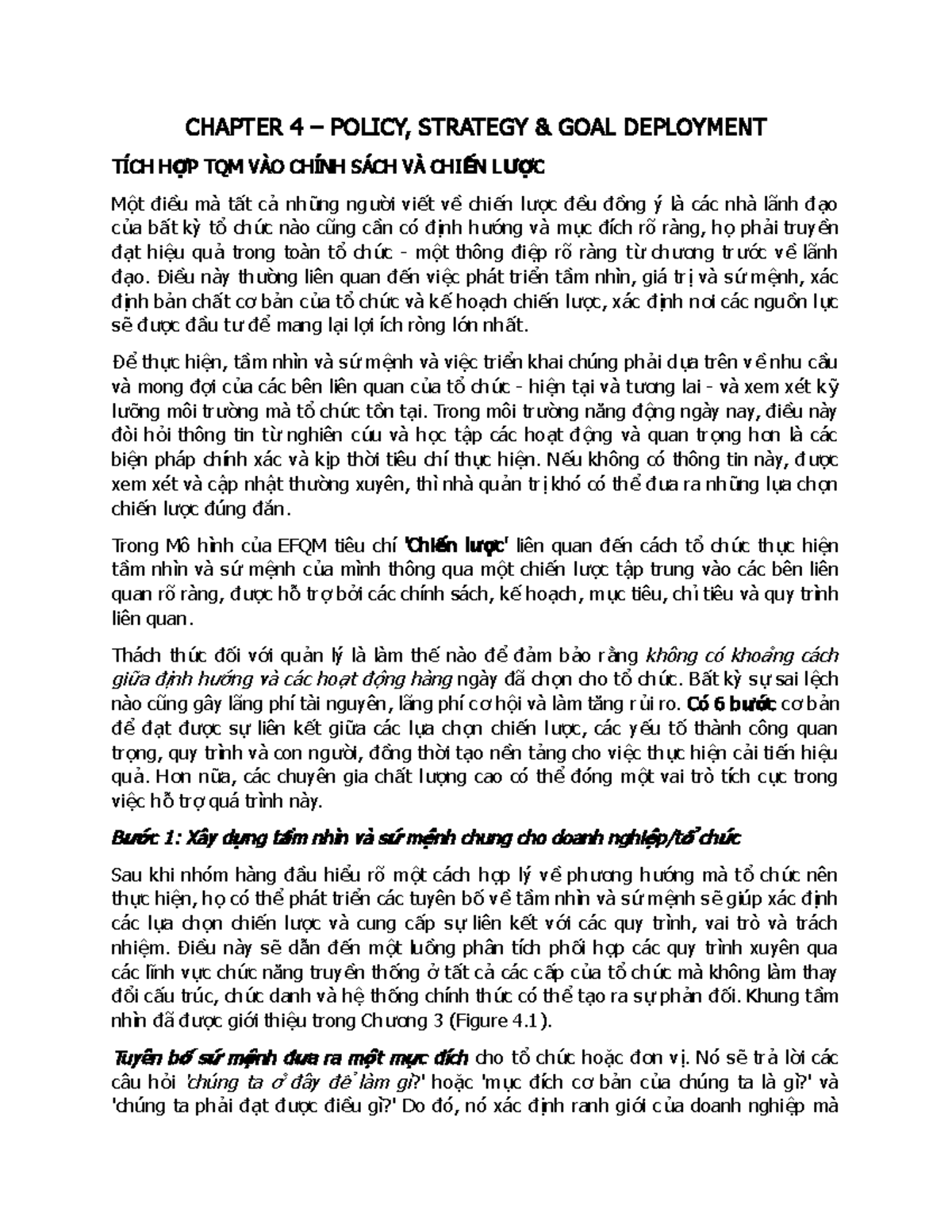 Chapter 4 - brief - NO DESCRIP - CHAPTER 4 – POLICY, STRATEGY & GOAL DEPLOYMENT TÍCH H ỢP TQM ...