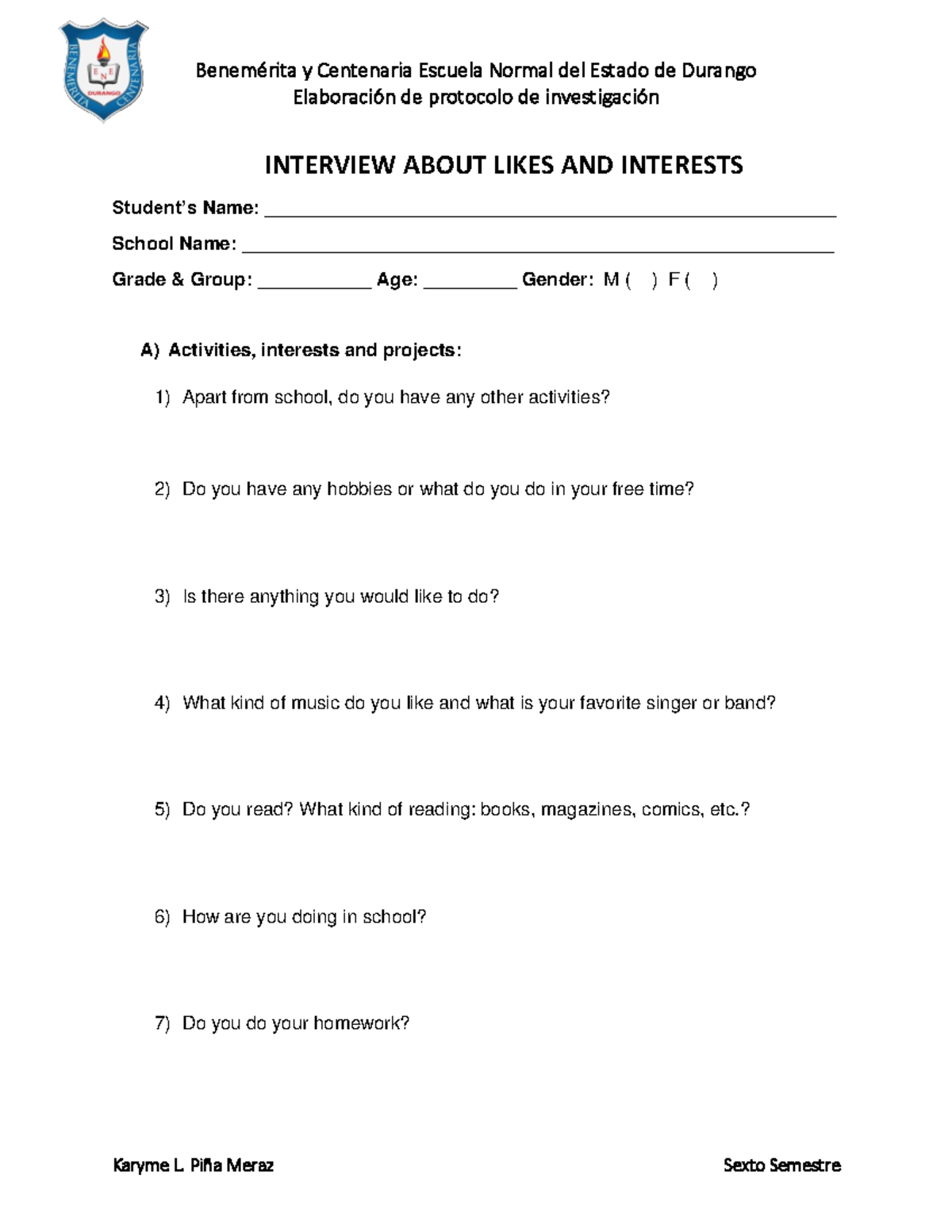 Interview About Likes and Interests - Benemérita Elabora y Centención ...