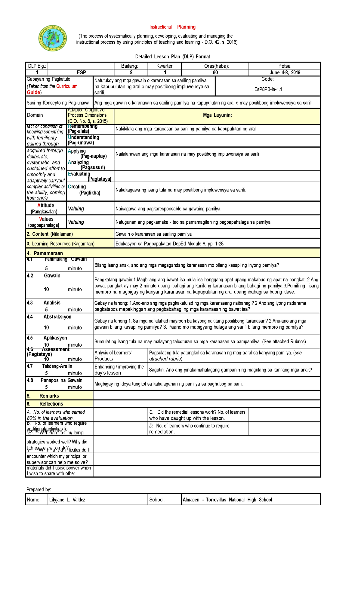 Dlp esp 8 q1 - Lecture - Instructional Planning (The process of ...
