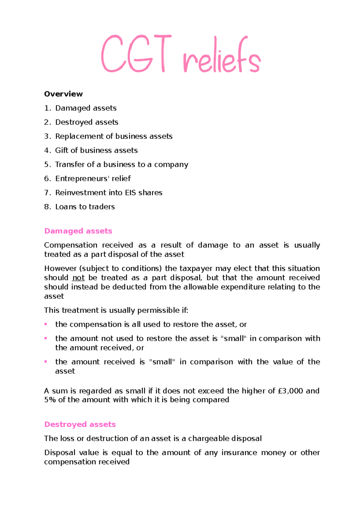 Chapter 17 - CGT Reliefs - Overview Damaged assets Destroyed assets ...