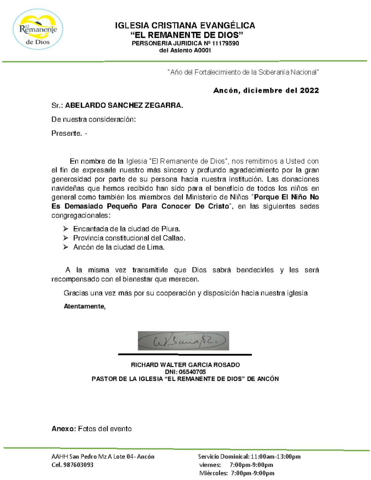 Carta DE Agradecimiento Abelardo - “EL REMANENTE DE DIOS” PERSONERIA ...