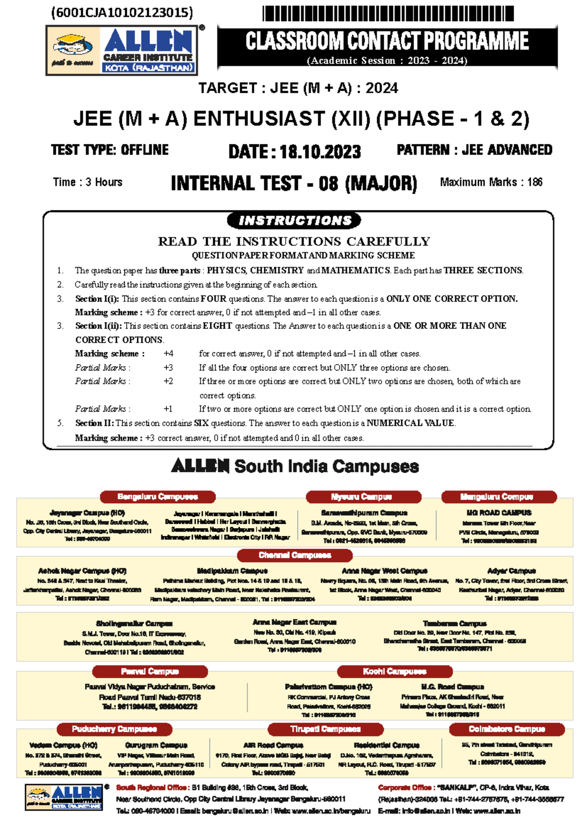 18-10-2023 JEE(M+A) Enthu ( Common FOR ALL) IT-8 ( Major) P 1 & 2 ...