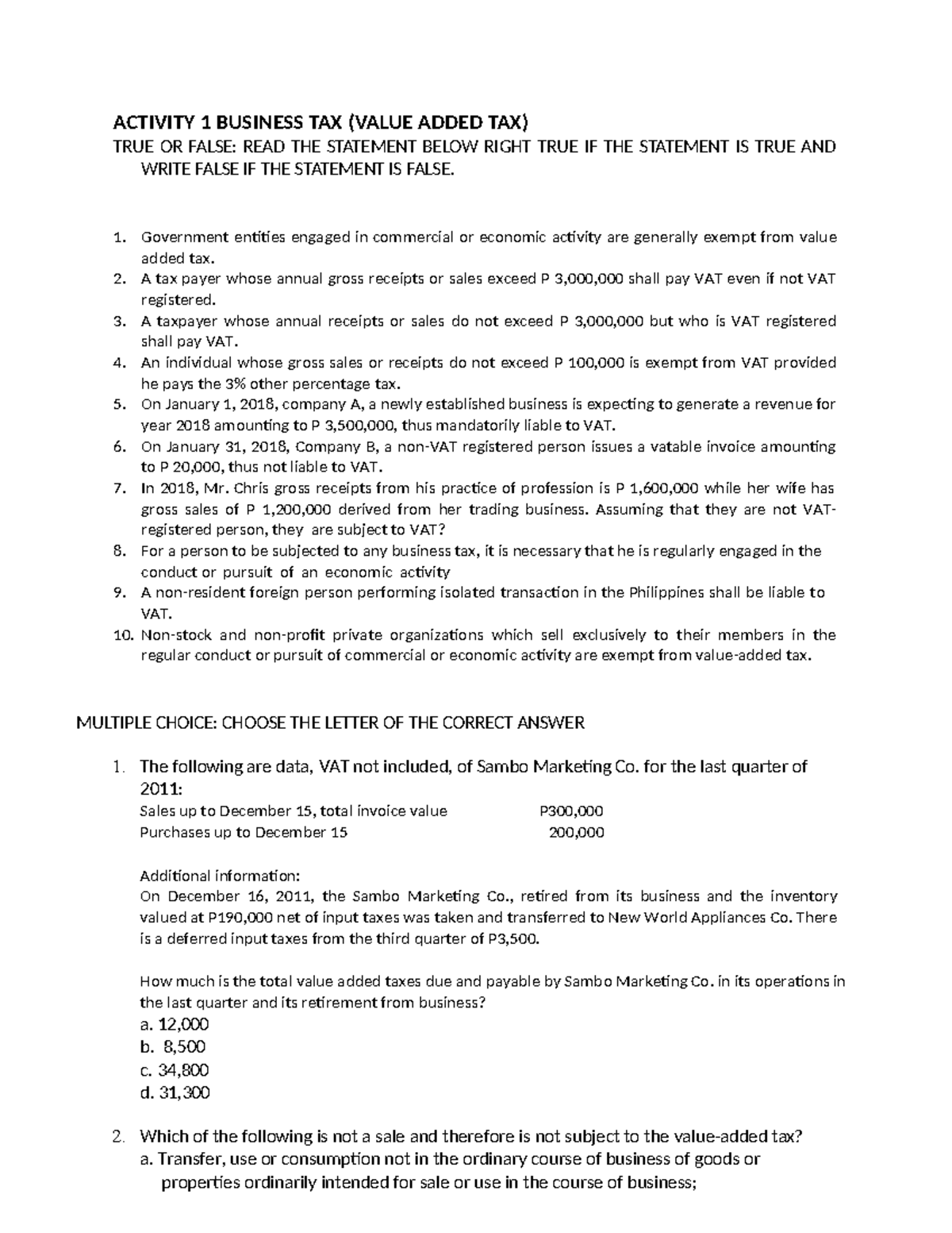 Activity 1 Business TAX - ACTIVITY 1 BUSINESS TAX (VALUE ADDED TAX ...