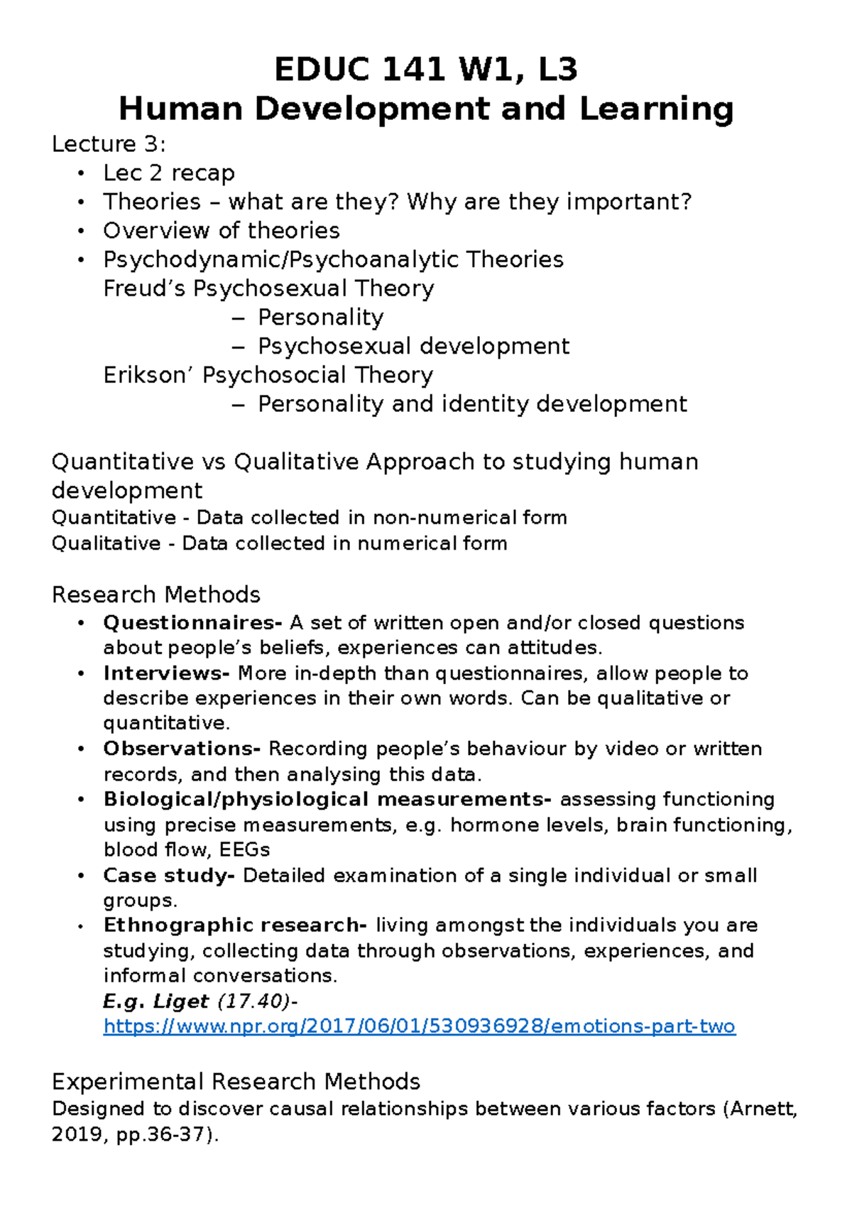 EDUC141 L3 - Theories of Development - EDUC 141 W1, L Human Development ...