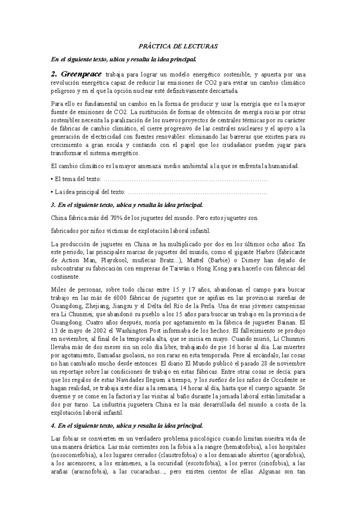 Práctica DE Lecturas - PRÁCTICA DE LECTURAS En el siguiente texto ...