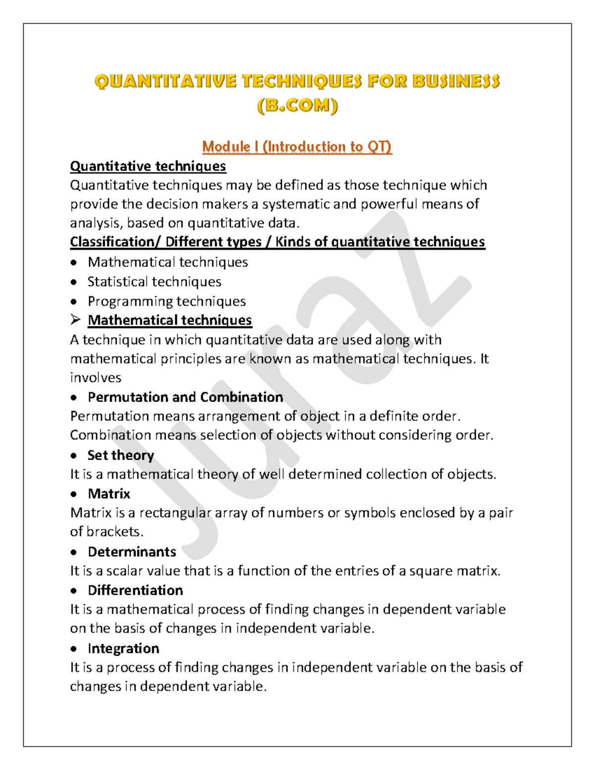 QT- BCOM- Module I- Juraz PDF - Module I (Introduction to QT) Quantitative techniques ...