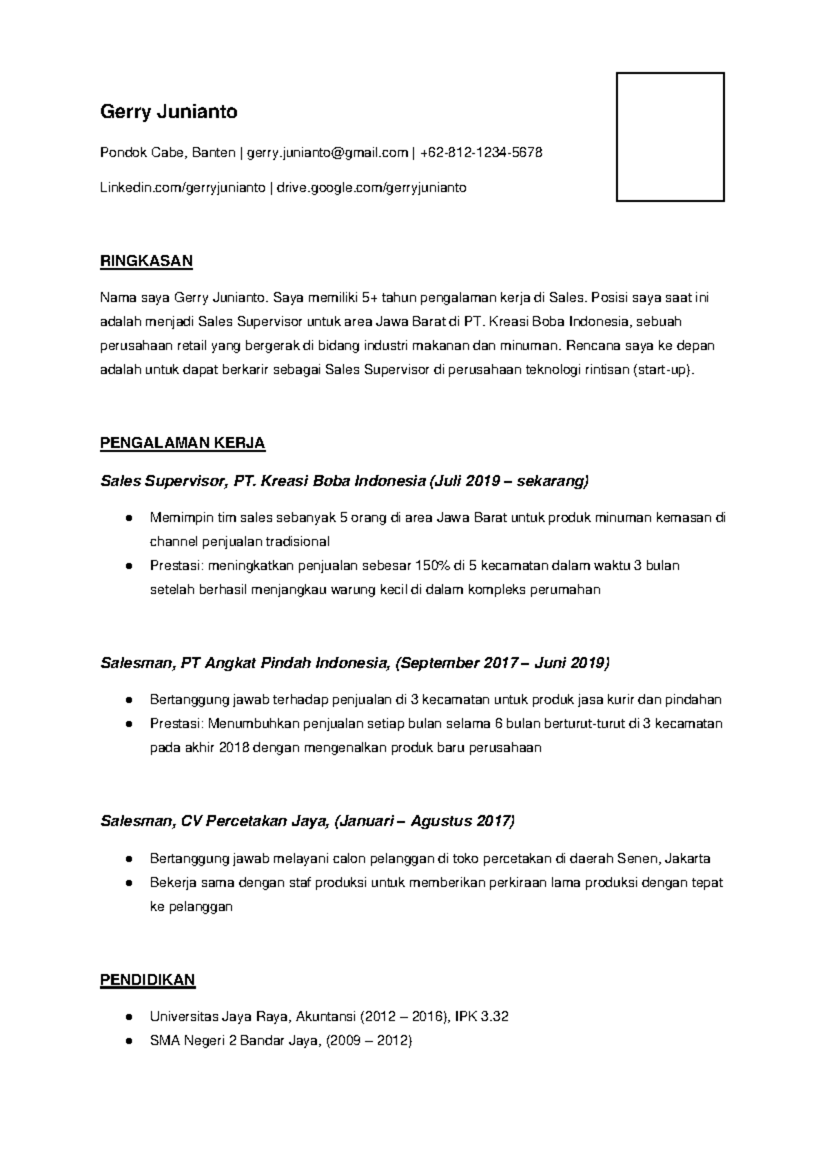 CV Template - Ignasius Ryan - Gerry Junianto Pondok Cabe, Banten | gerry@gmail | +62-812-1234 ...