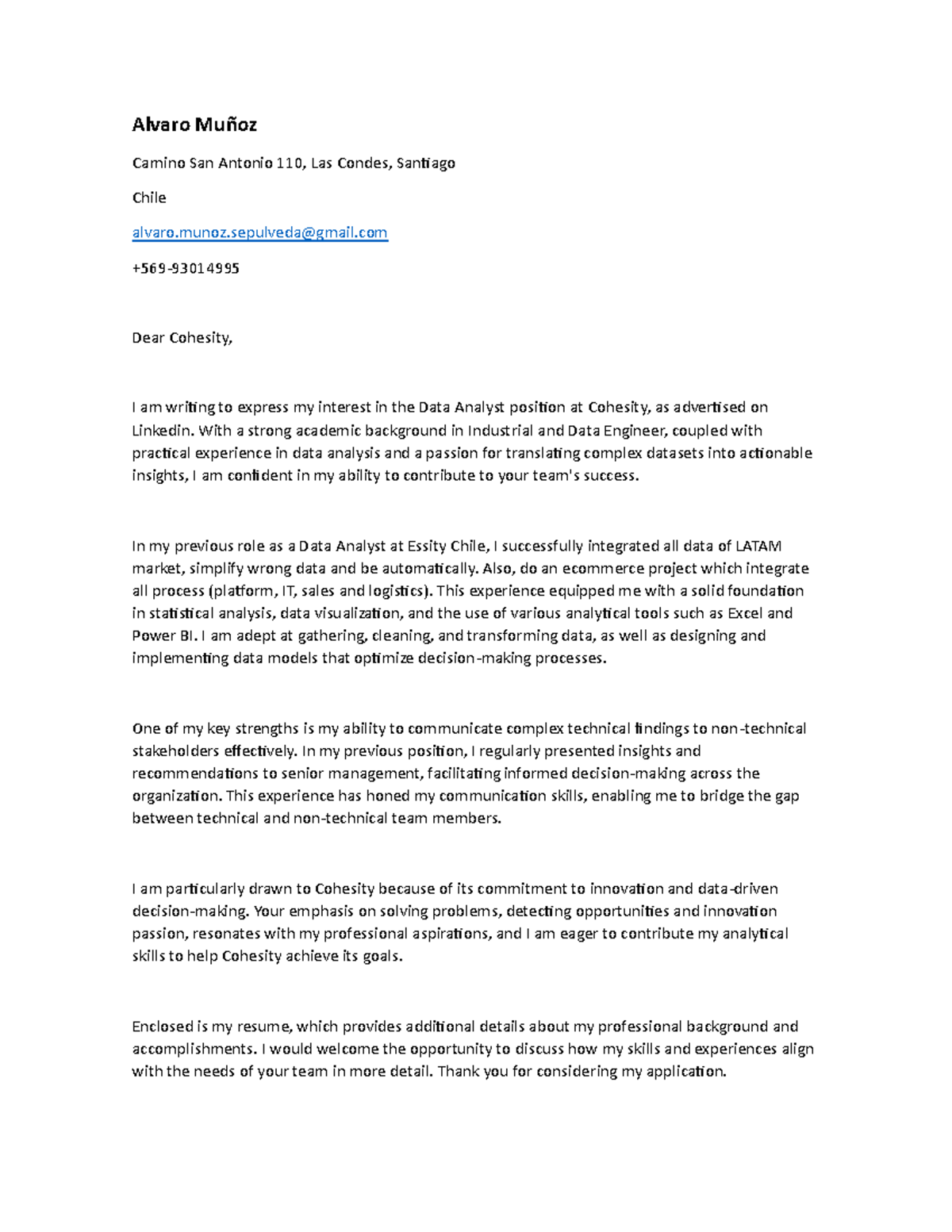 Cover Letter - ejemplo de como hacerlo - Alvaro Muñoz Camino San ...