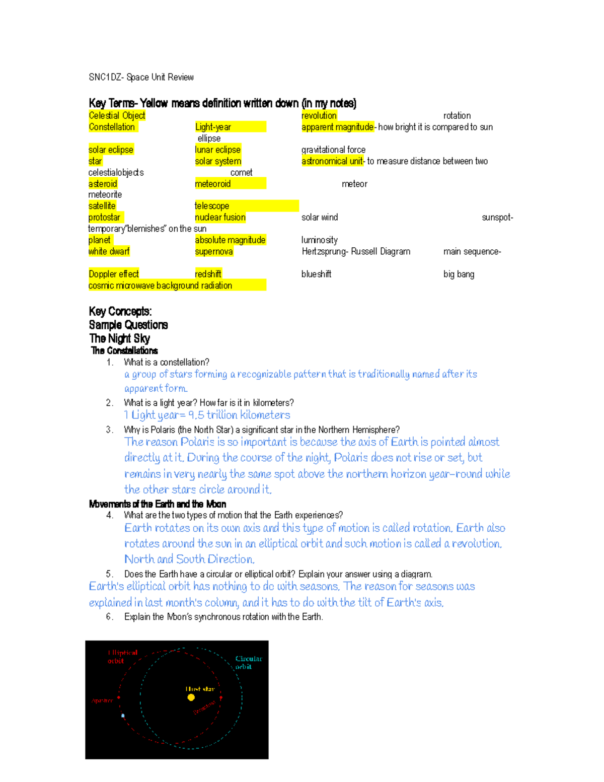 Space Test Review - Notes for the Unit - SNC1DZ- Space Unit Review Key ...