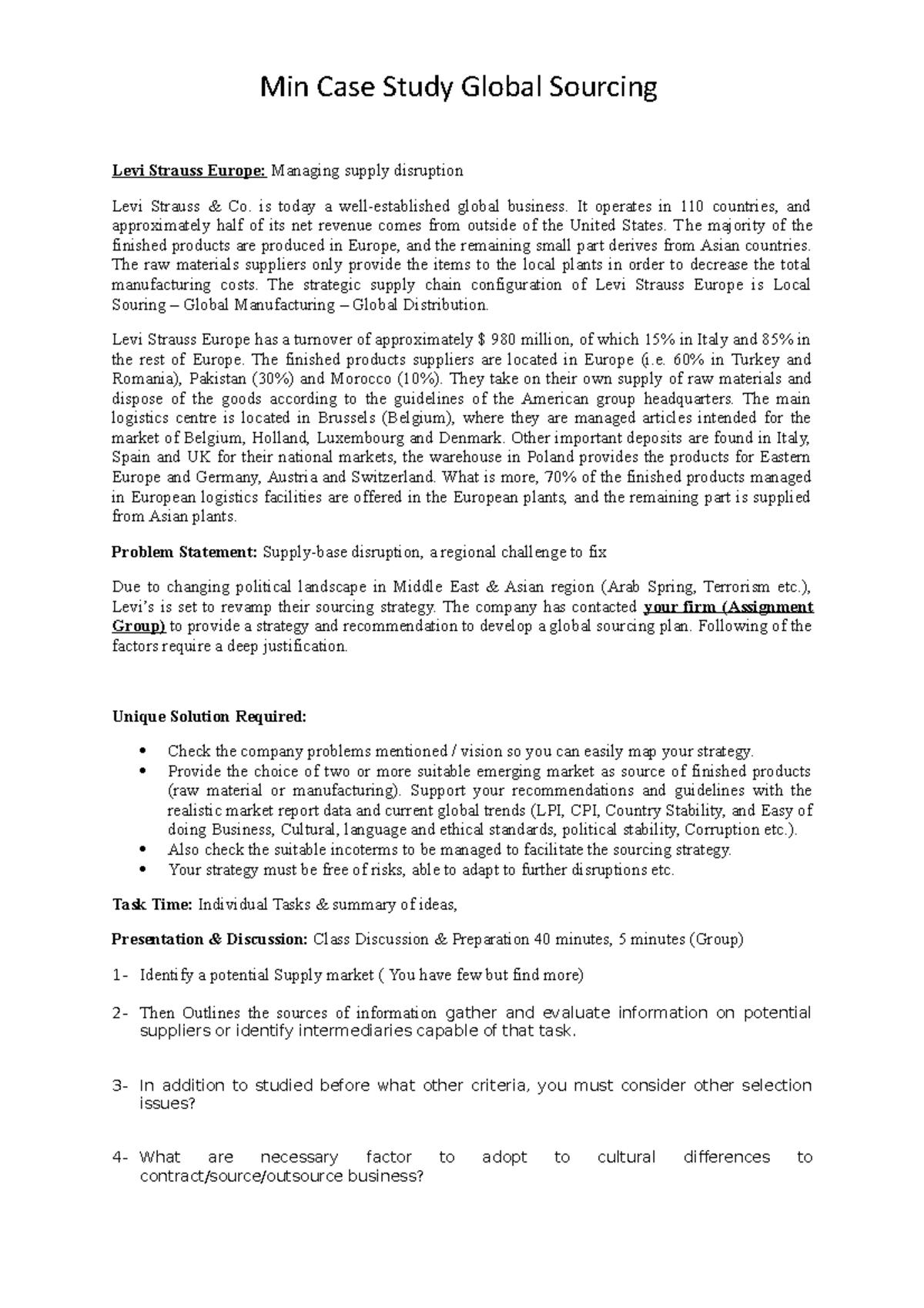 Week-8 Case study for class discussions - Min Case Study Global Sourcing Levi Strauss Europe ...