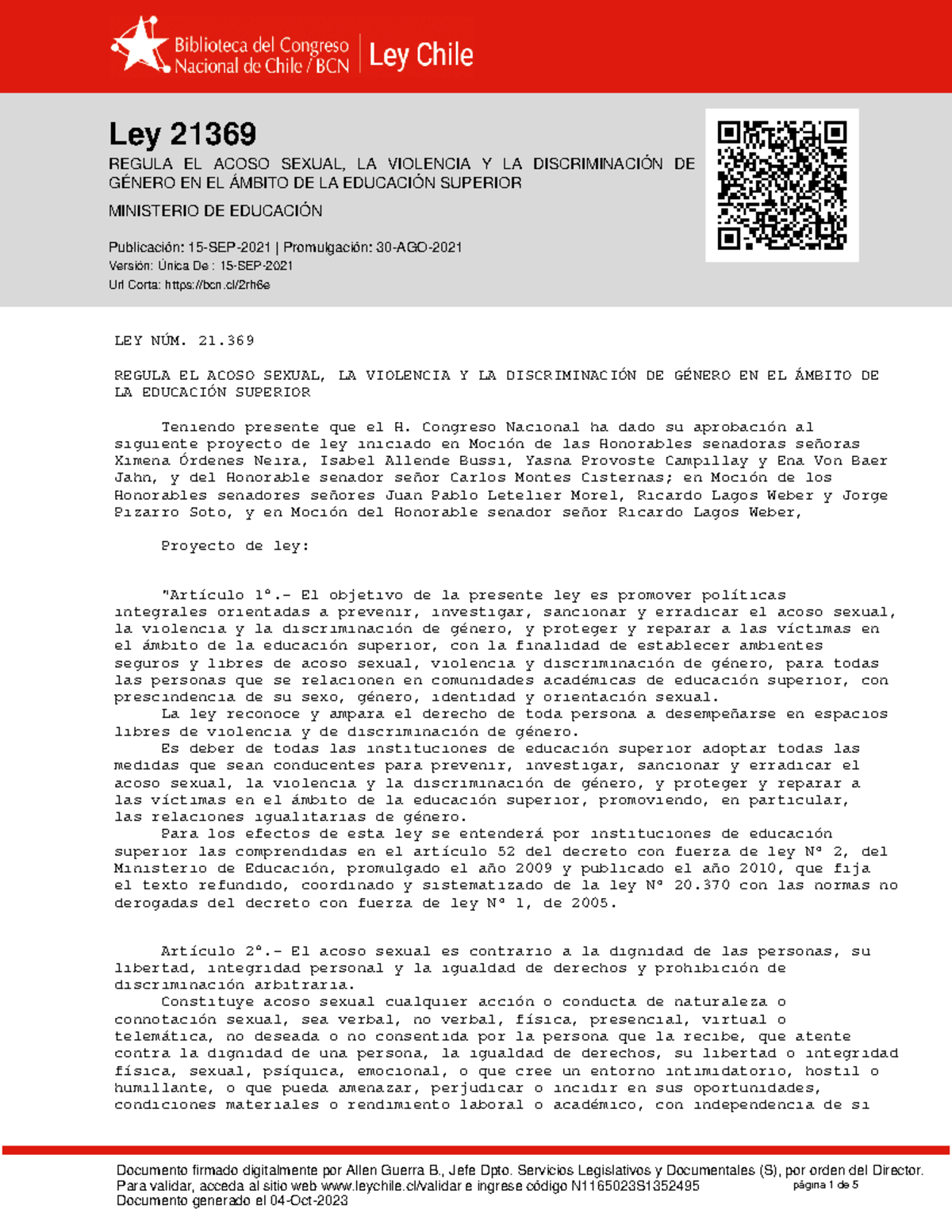 Ley-21369 15-SEP-2021 - Documento firmado digitalmente por Allen Guerra ...