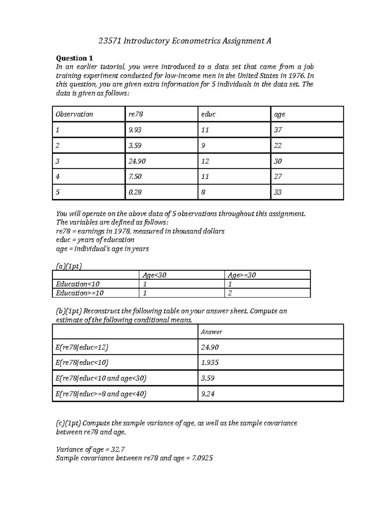 Assignment A Answers 23571 Introductory Econometrics Assignment A