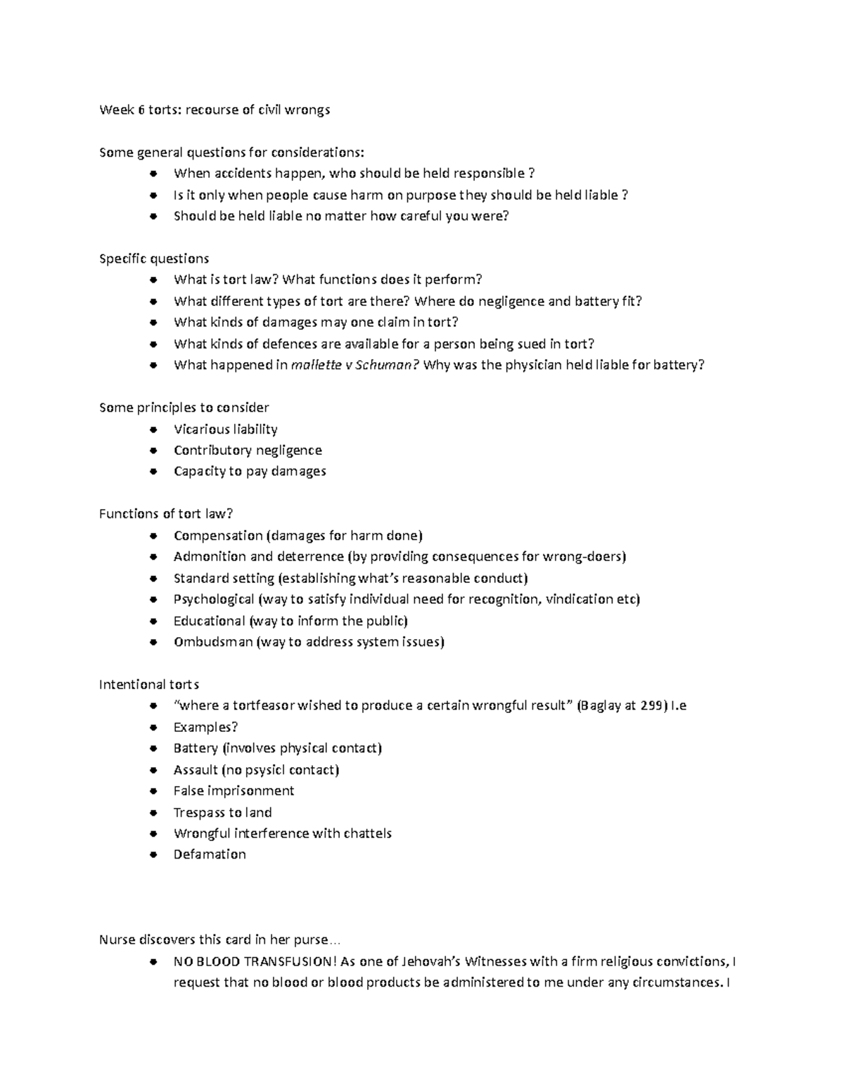Legal studies weeks 6-8 - Week 6 torts: recourse of civil wrongs Some ...