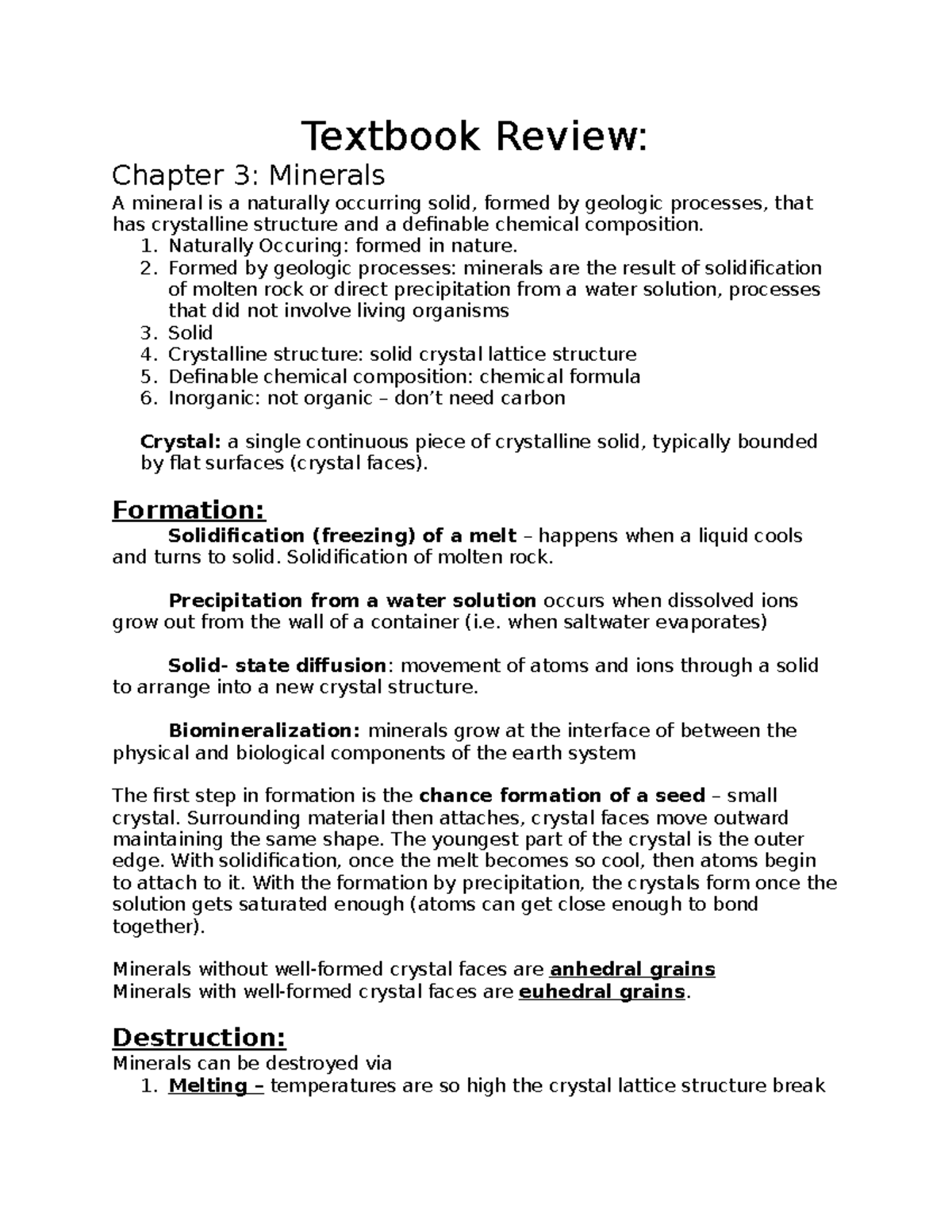 Textbook Review - ch 3 - Textbook Review: Chapter 3: Minerals A mineral ...