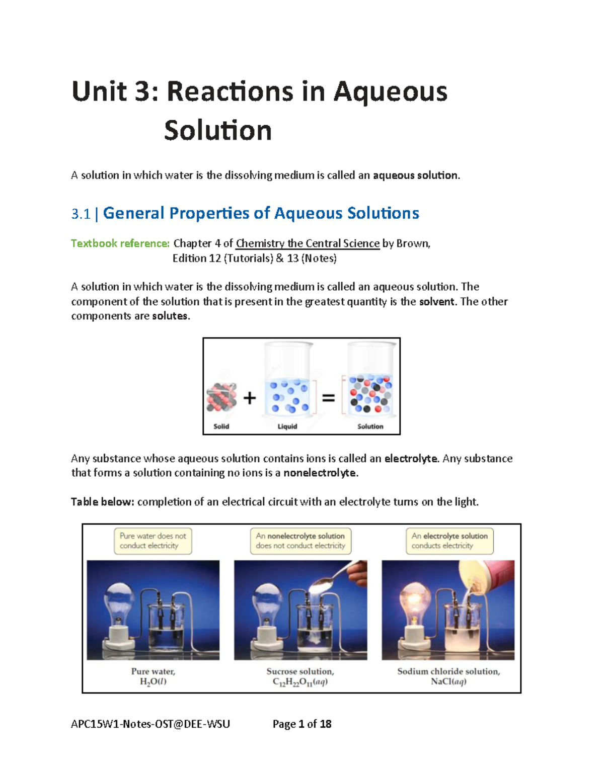 APC15W1 Unit 3 Lecture Notes - Unit 3 : Reactions in Aqueous Solution A ...