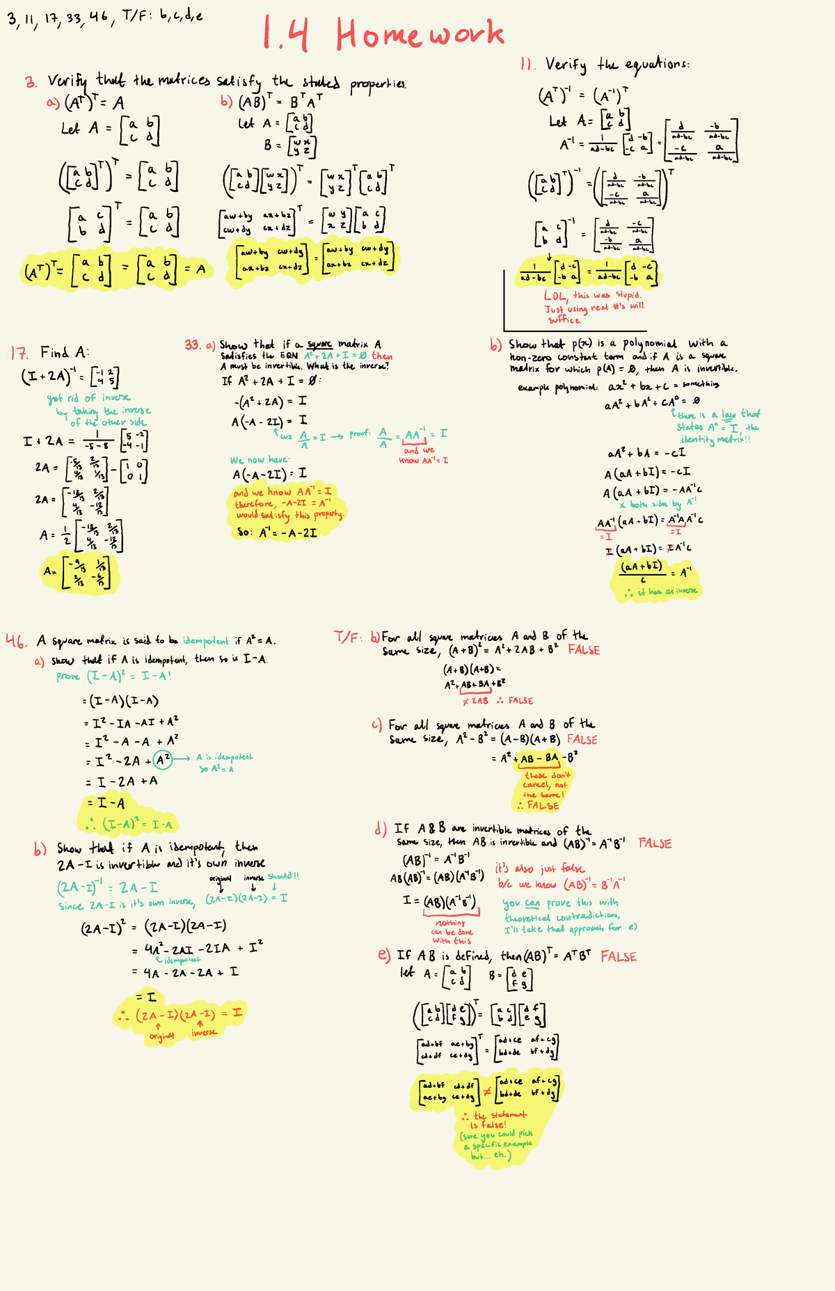 1.4 Problems - LIN ALG HMWRK - REVIEW AND PRACTICE - 3,11, it, 33,46 , TIF : " " die / . 4 - Studocu