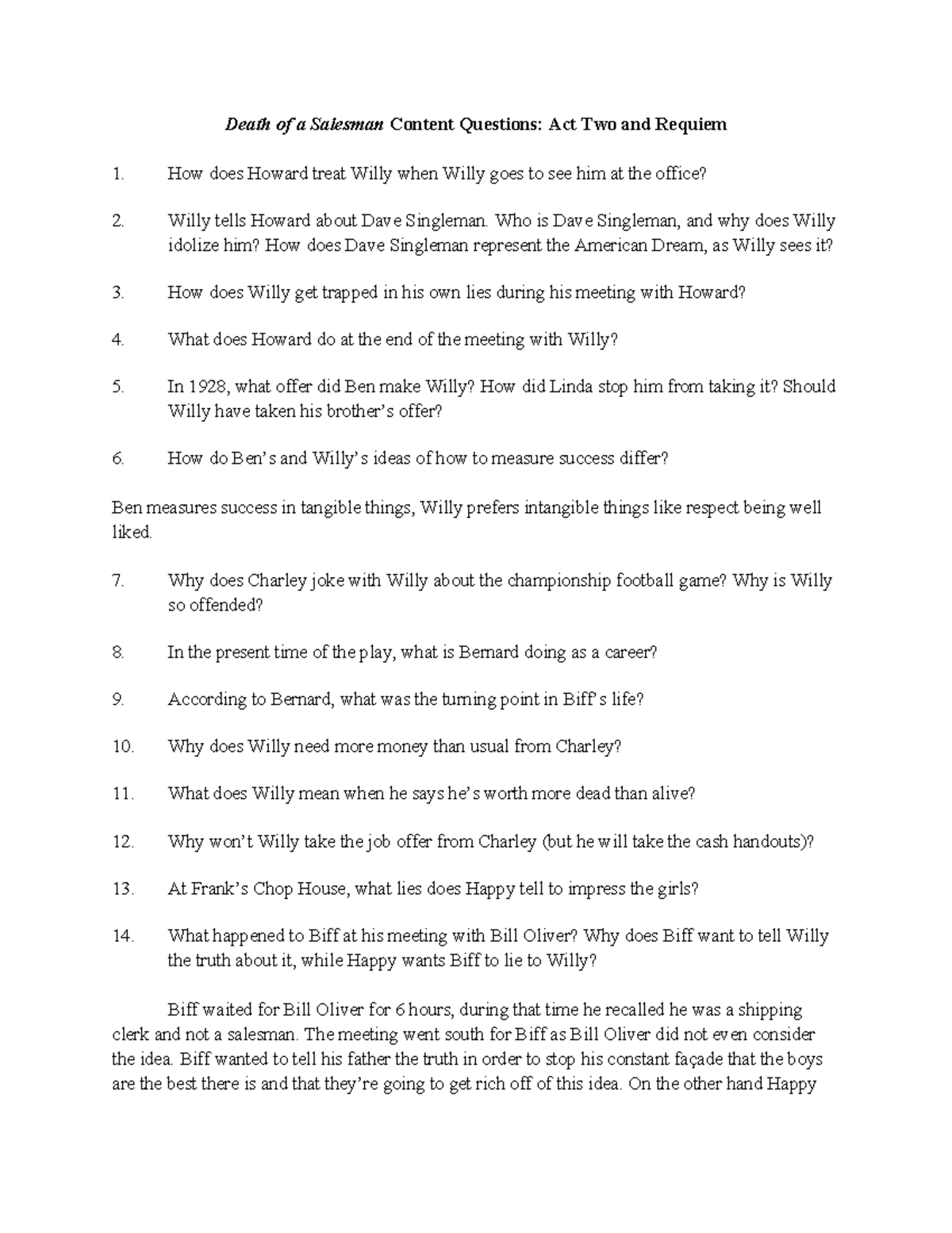 Death of a Salesman Content Questions Act Two and Requiem Master COPY ...