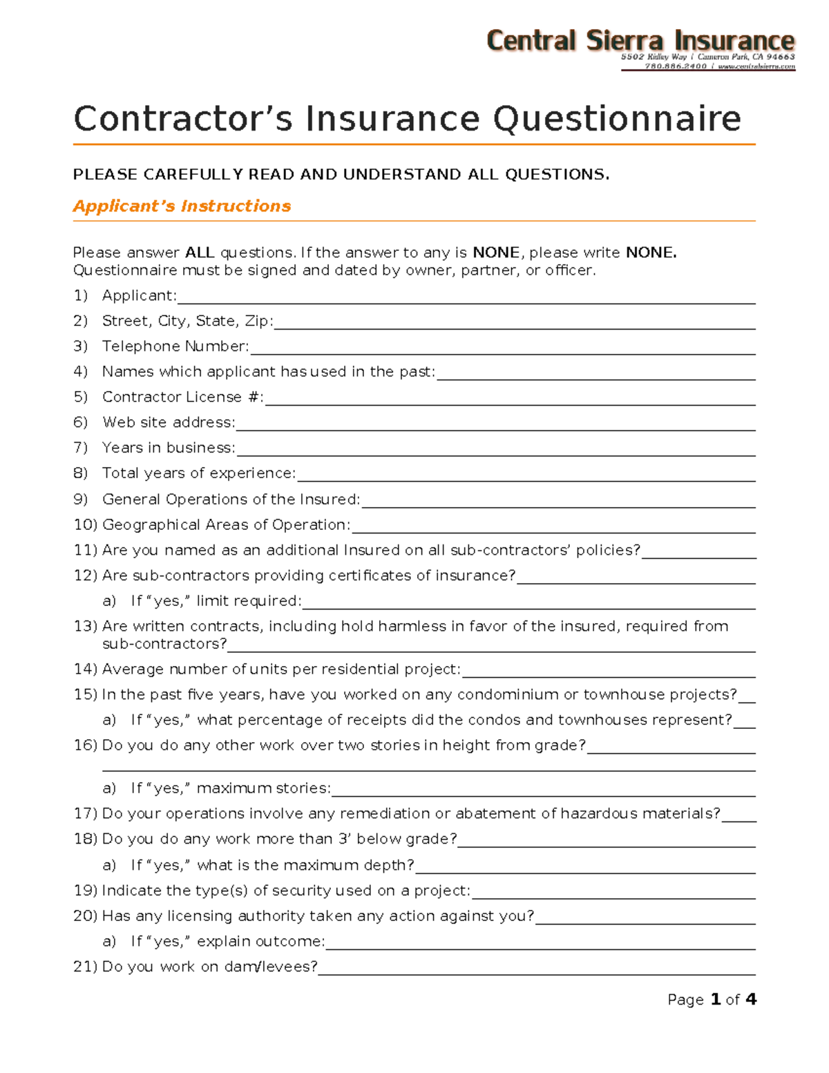 questionnaire on insurance - Contractor’s Insurance Questionnaire ...