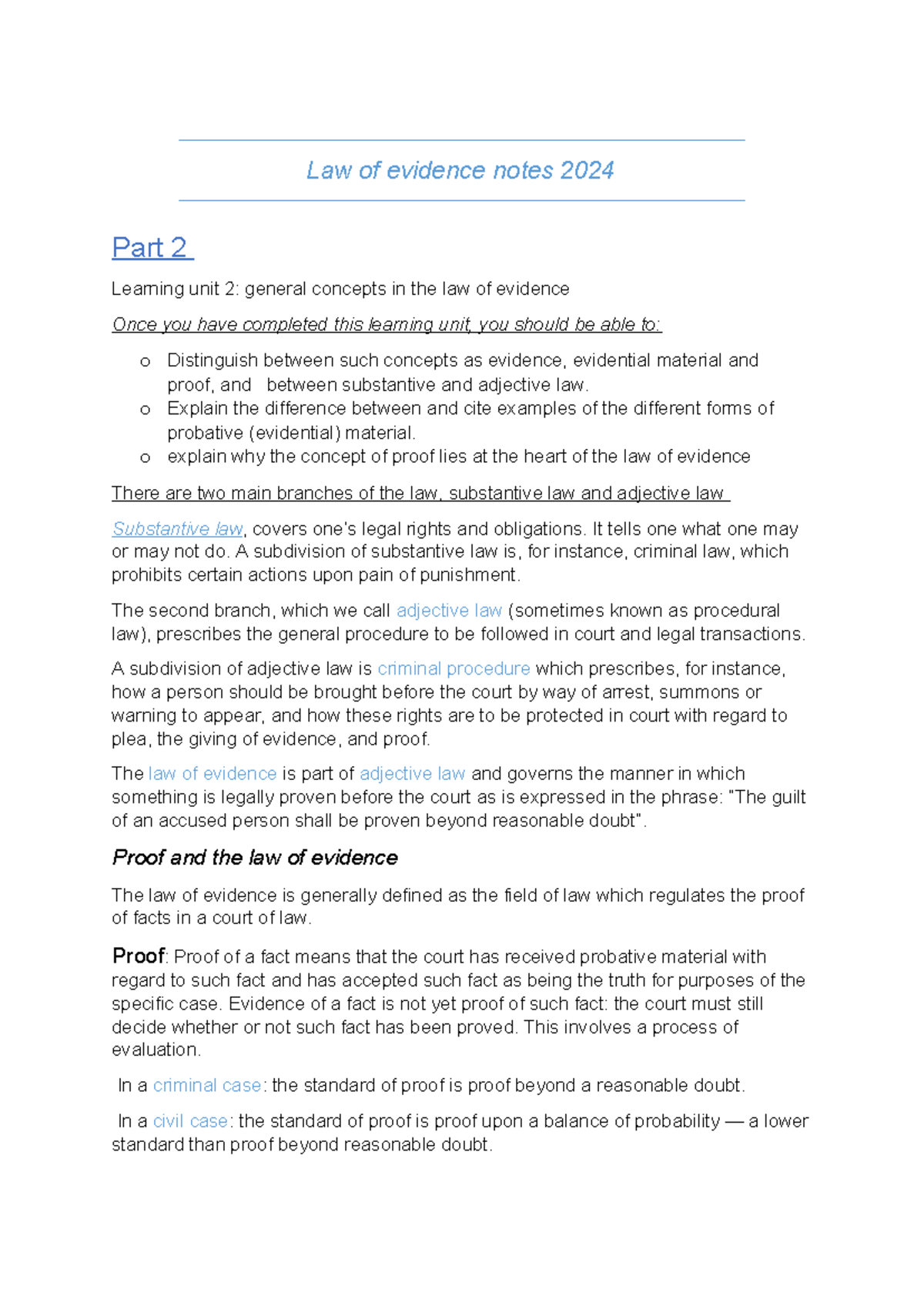 Law of evidence notes (Autosaved) - Law of evidence notes 2024 Part 2 ...