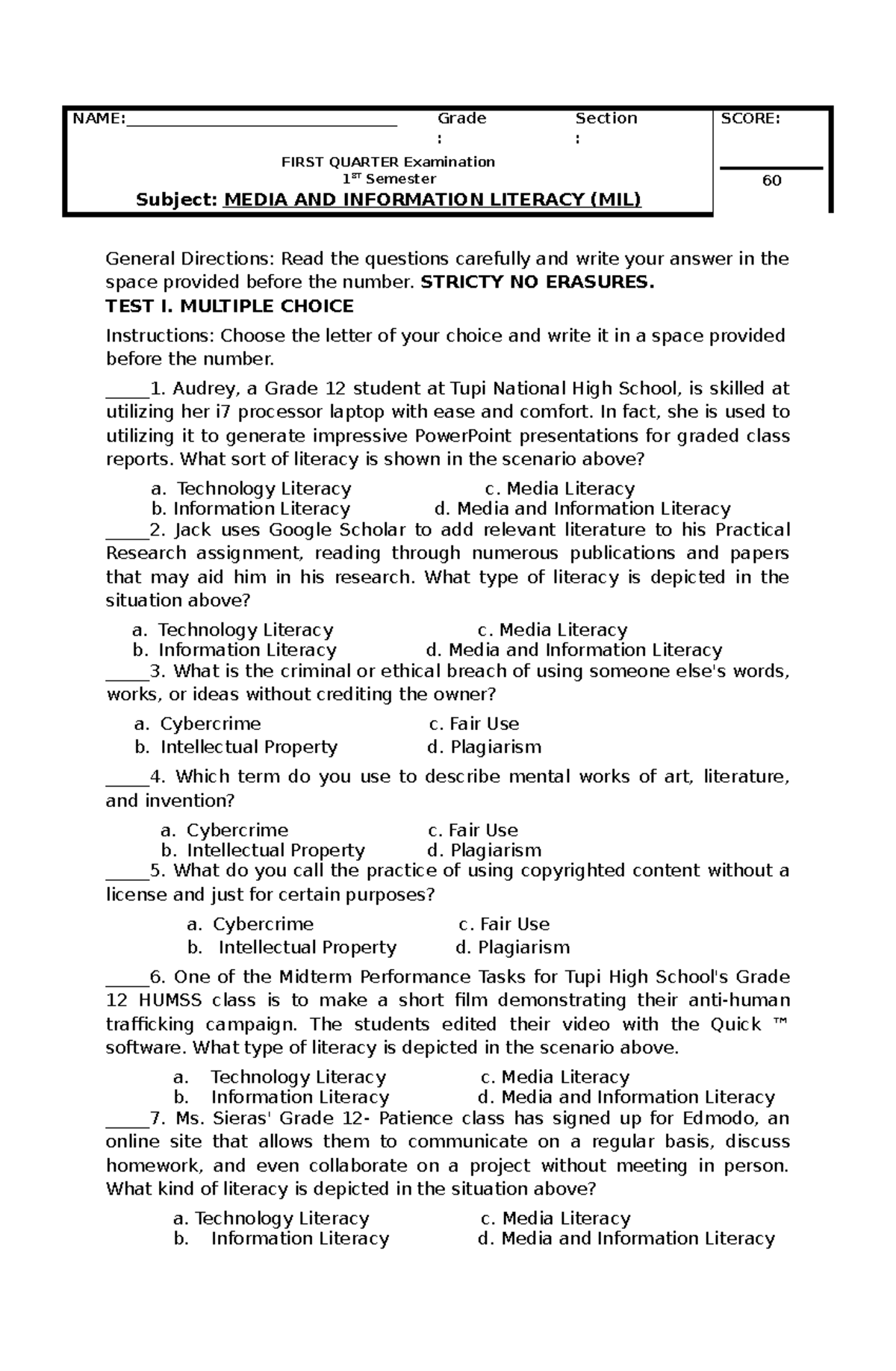 First Quarter EXAM MIL - Examination - NAME ...