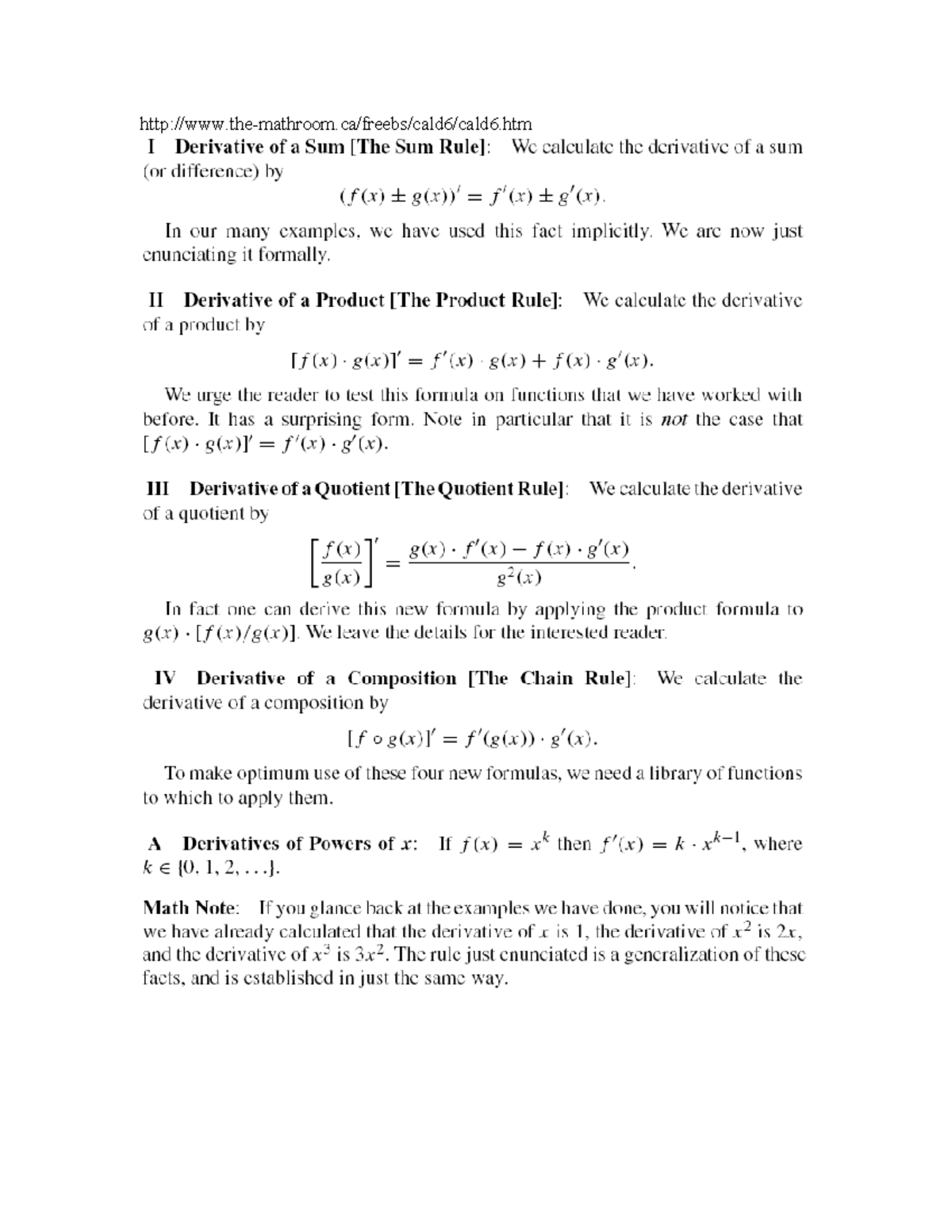 Derivative Rules(examples) - I Derivative of a Sum Sum We calculate the derivative of a sum (or ...