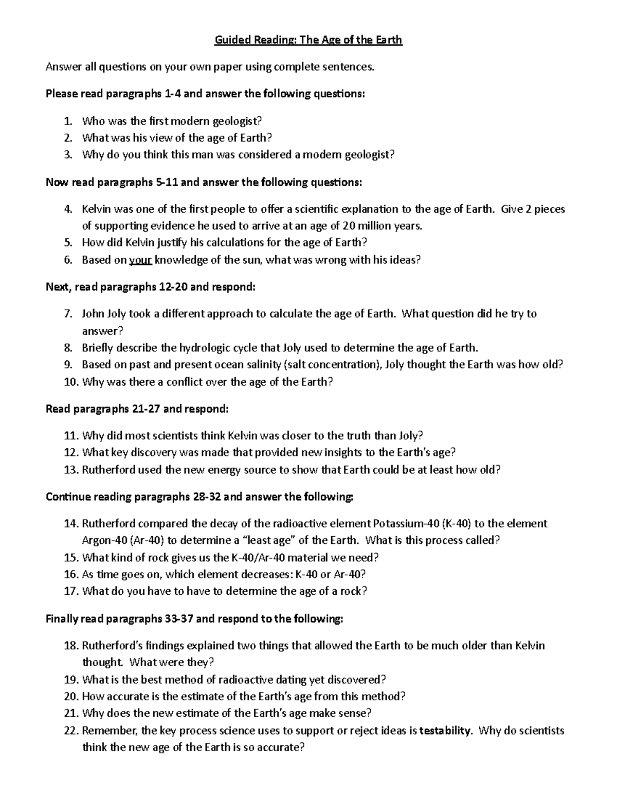 2012 Age of Earth Questions - Guided Reading: The Age of the Earth ...