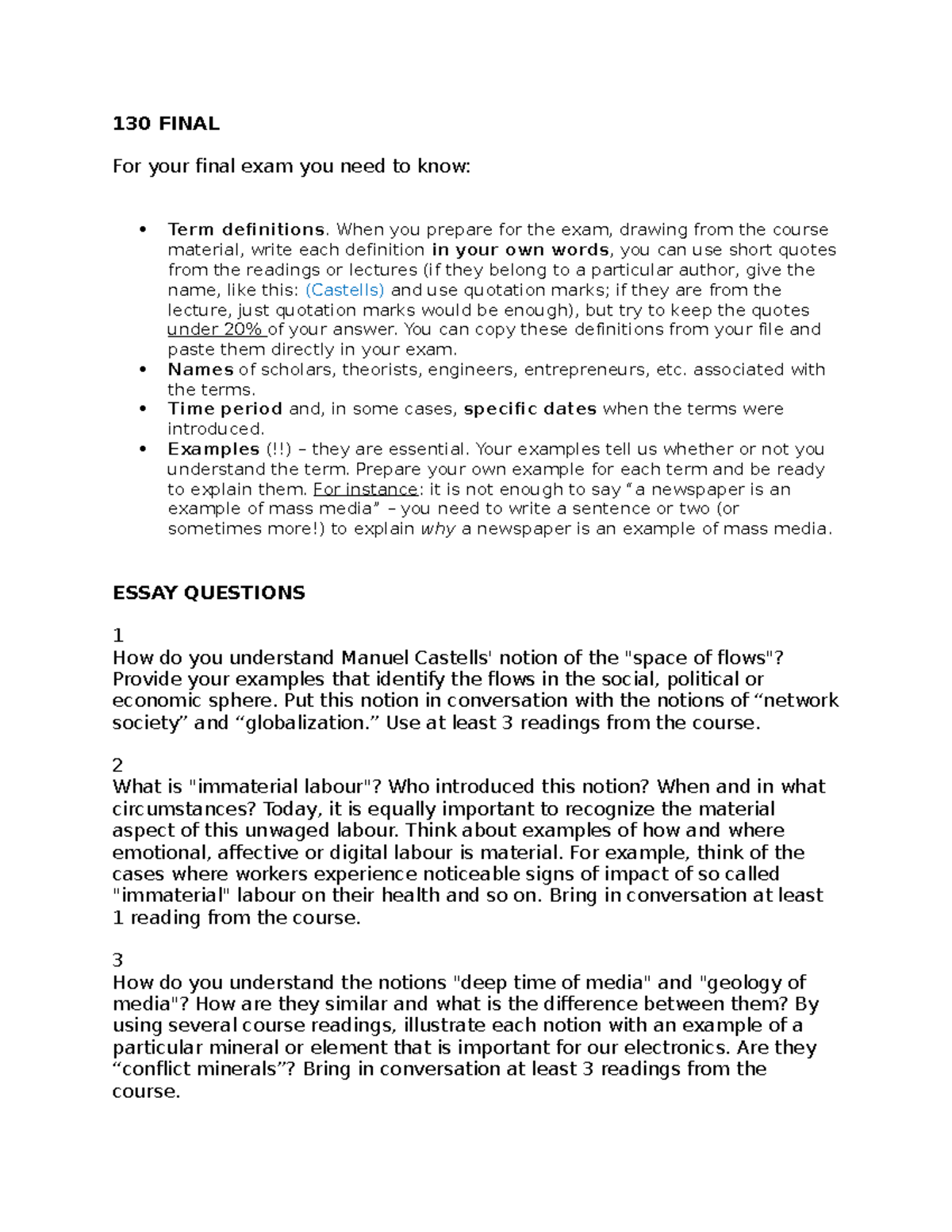 130 Final Exam Info - 130 FINAL For your final exam you need to know ...