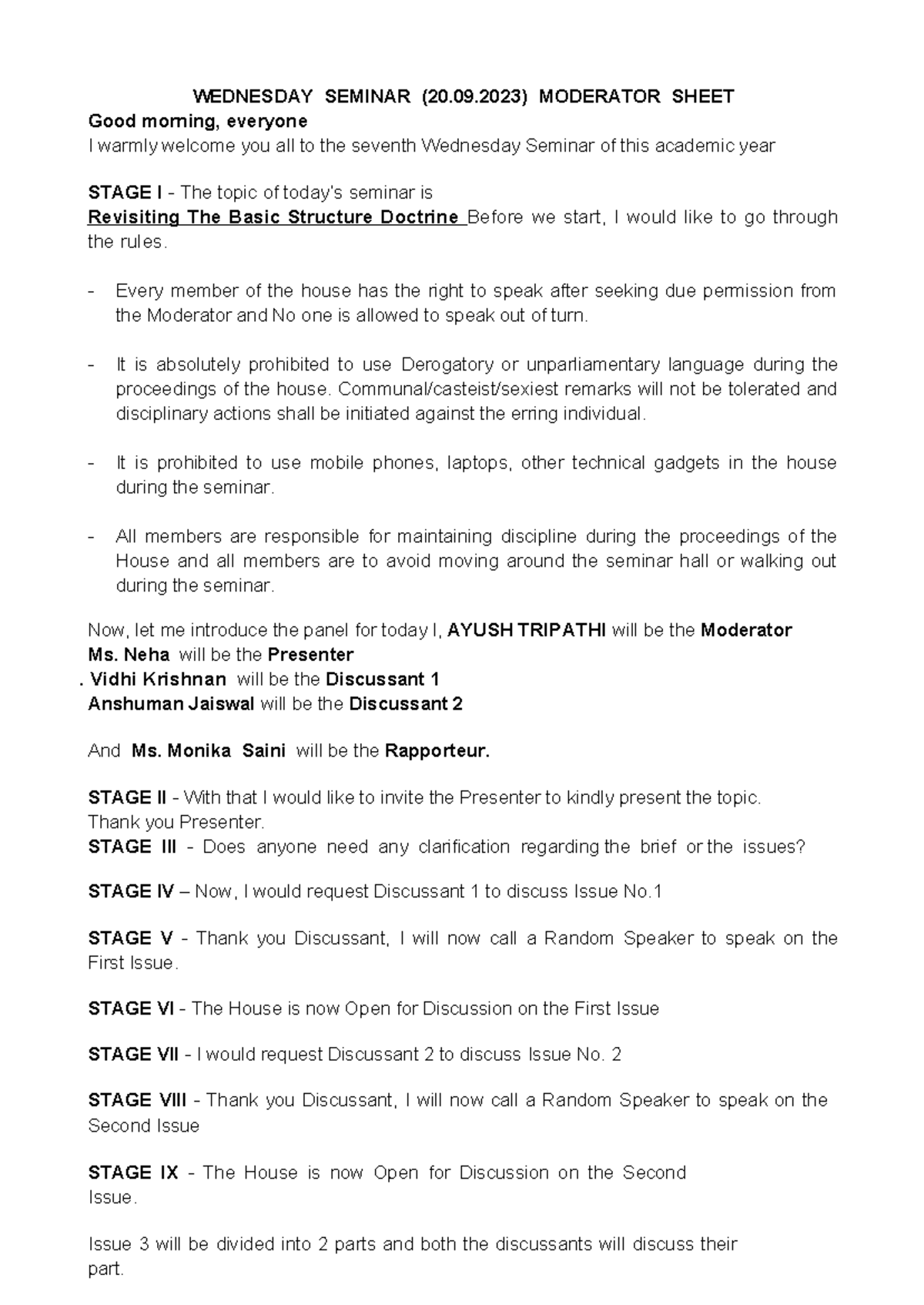 Moderator Sheet - WEDNESDAY SEMINAR (20.09) MODERATOR SHEET Good ...