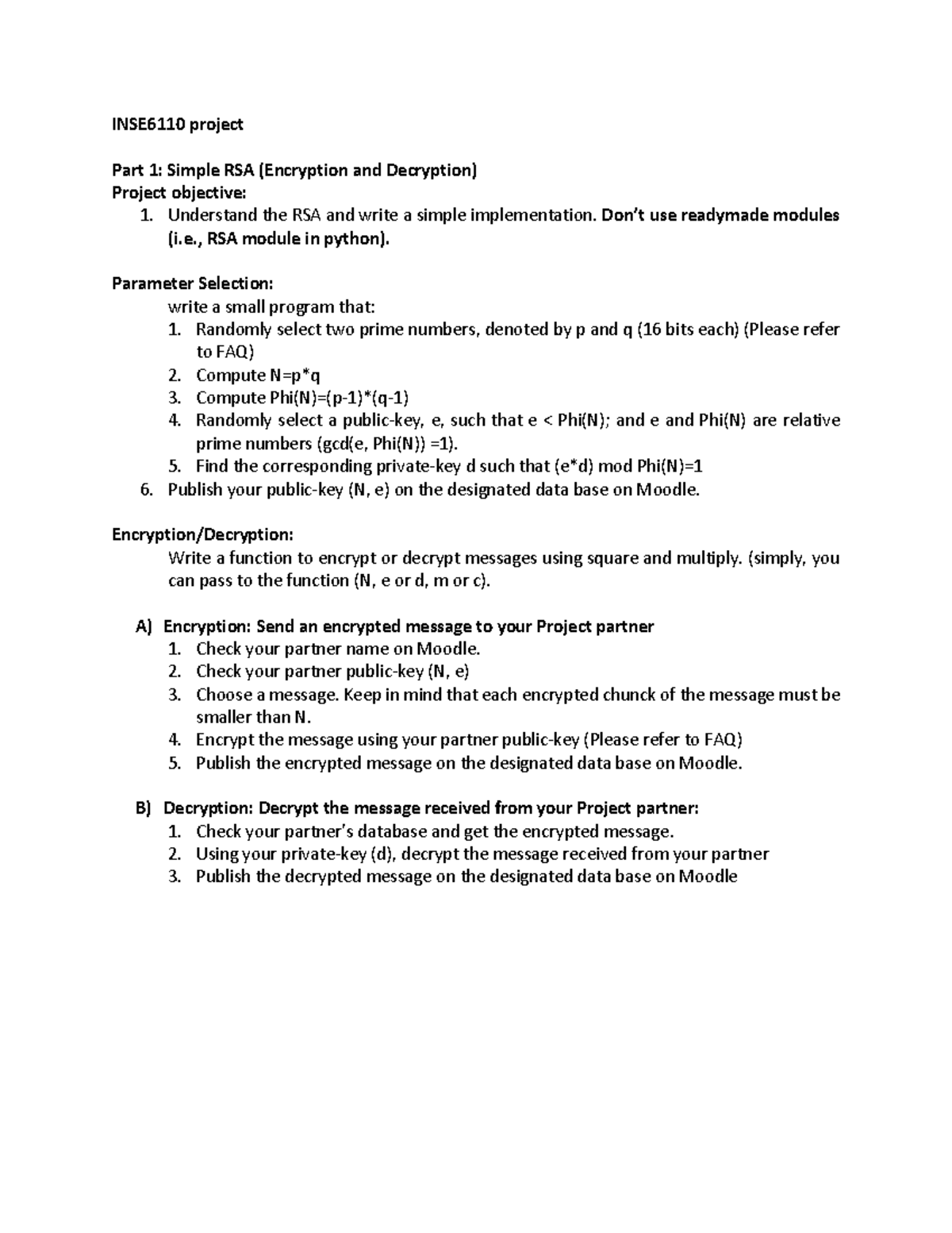 INSE 6110 Project Winter 2024 - INSE6110 project Part 1: Simple RSA (Encryption and Decryption ...