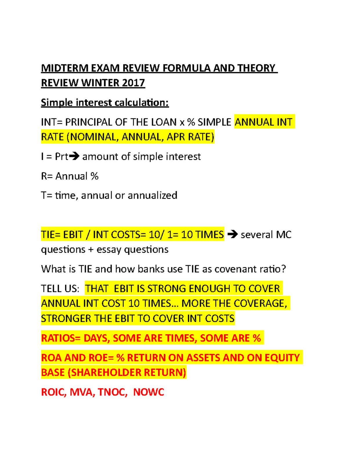 Short essay, midterm - practice - MIDTERM EXAM REVIEW FORMULA AND ...